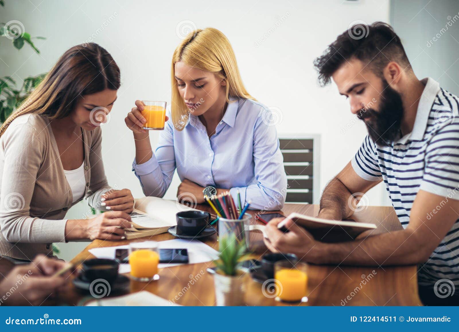Group of Students Study at Home. Stock Image - Image of pretty ...