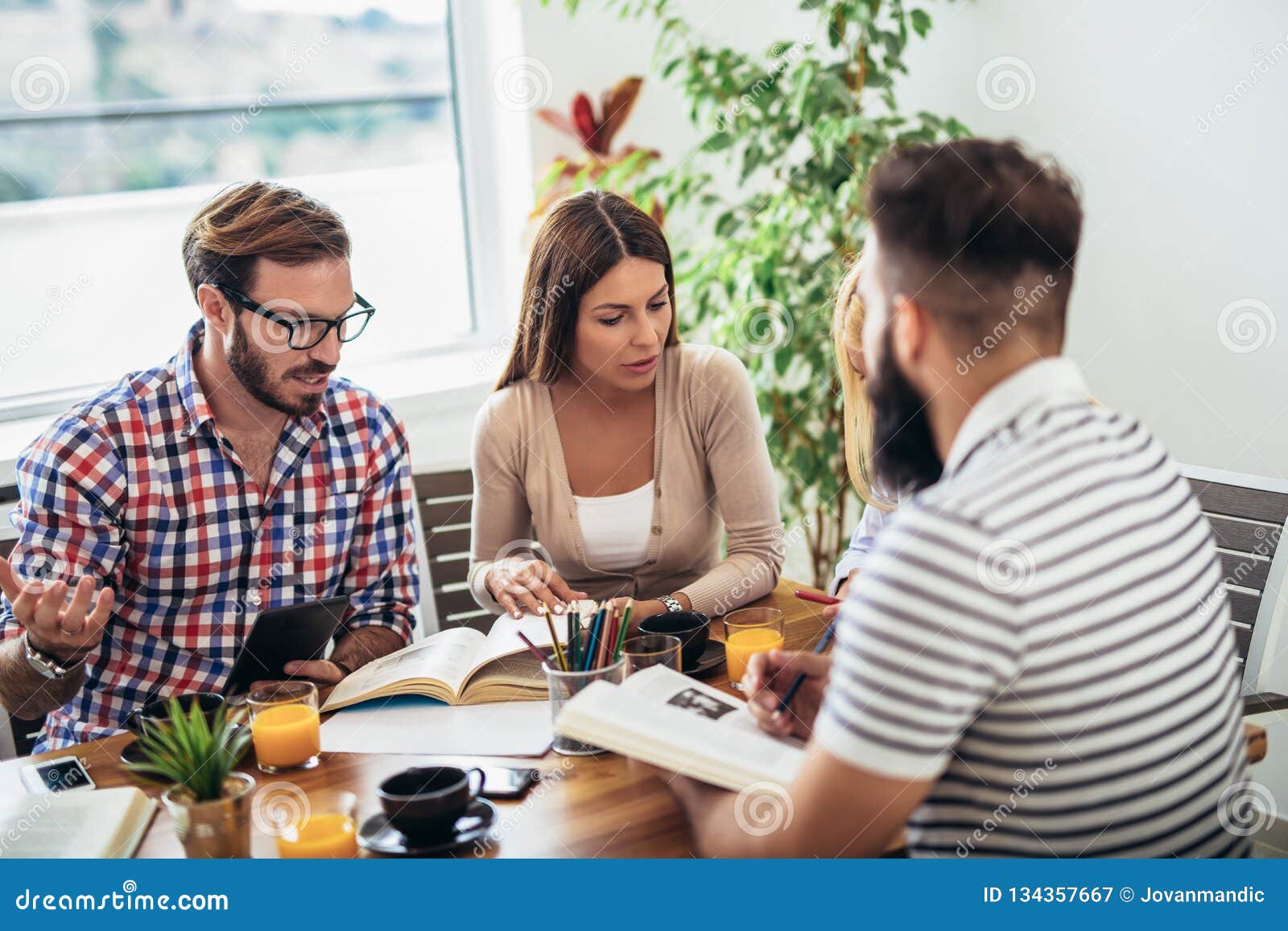 Group of Students Study at Home. Stock Image - Image of couple, library ...