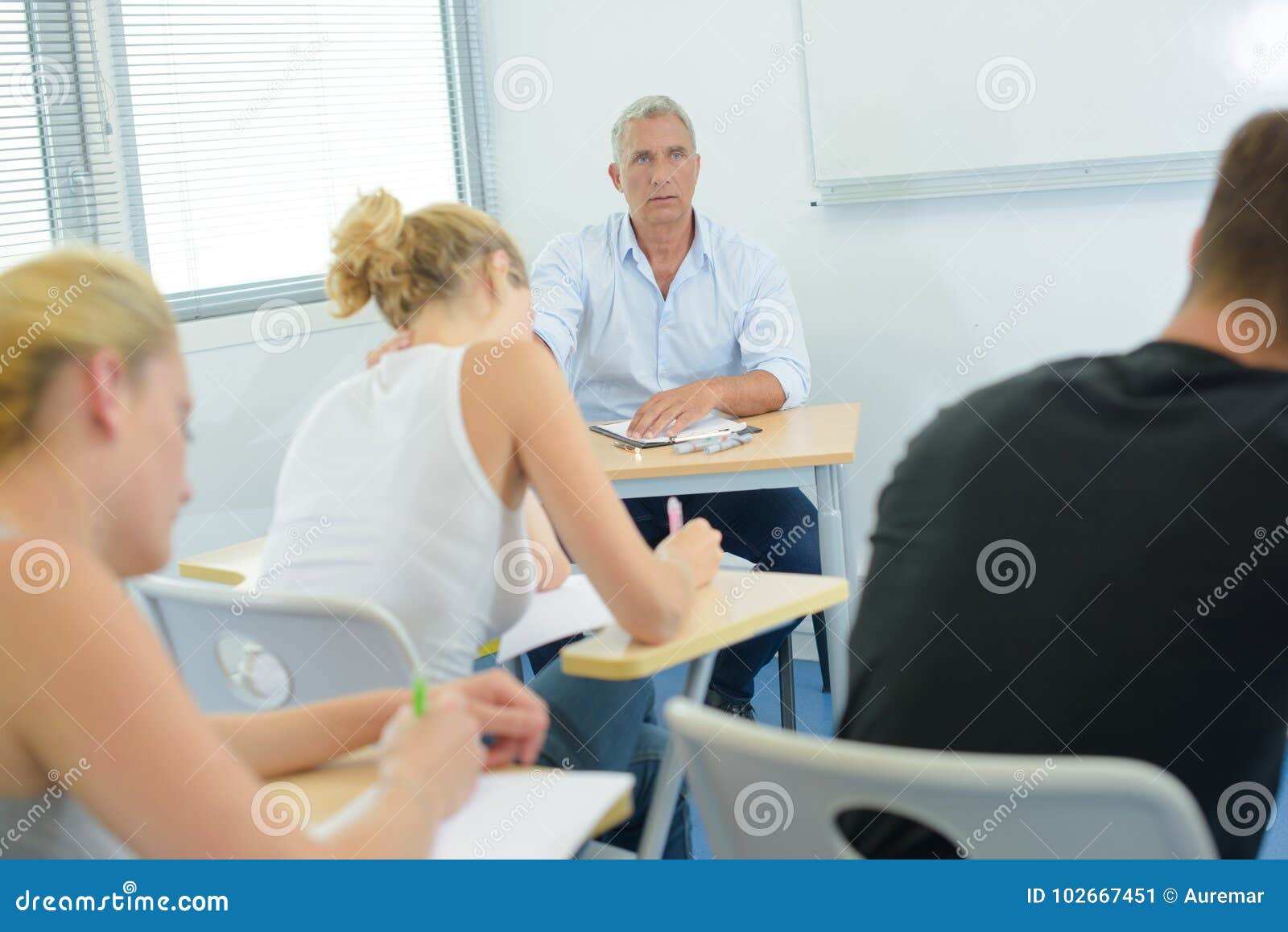 Group Students Study with Professor in Modern School Classroom Stock ...