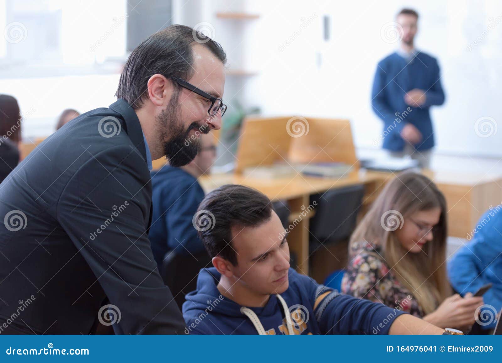 Group of Students Study with Professor in Modern School Computer Stock ...