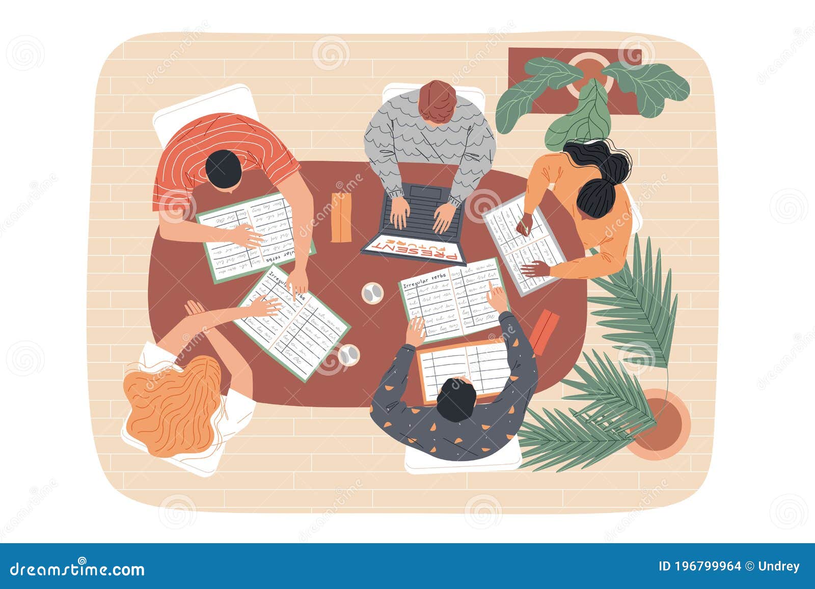 Group of Students at the Table are Studying. Top View. Stock Vector ...