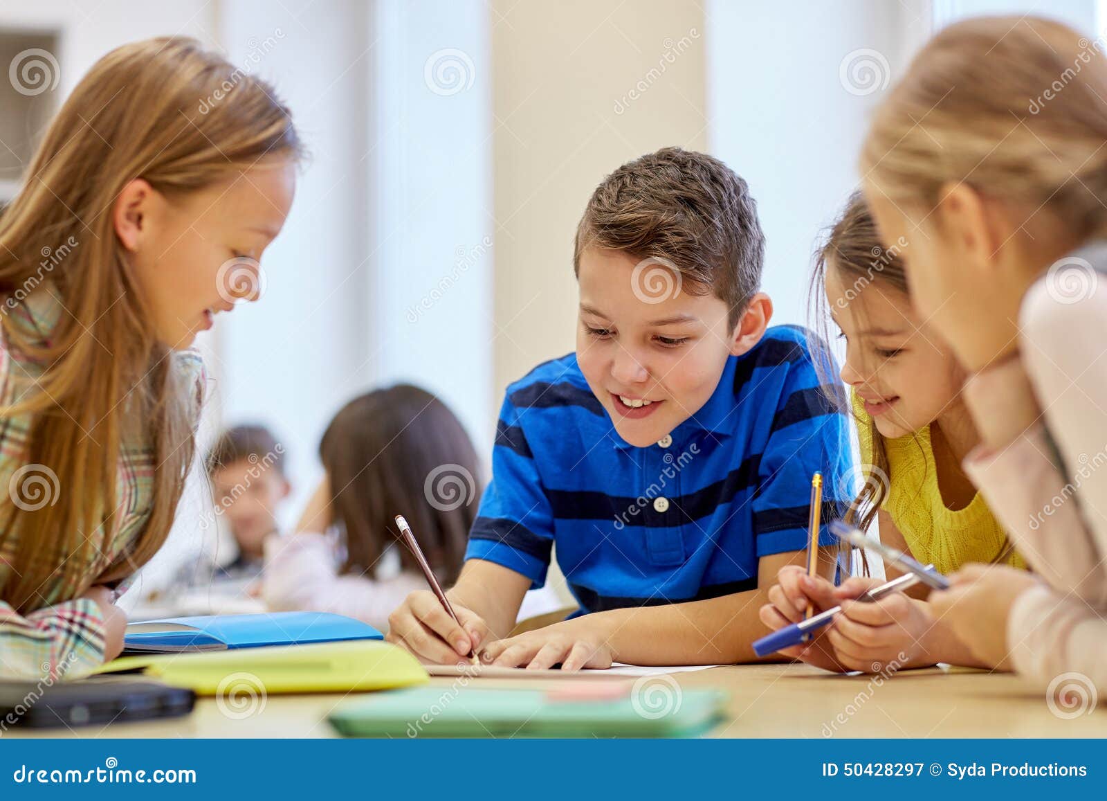 Group of Students Talking and Writing at School Stock Image - Image of ...