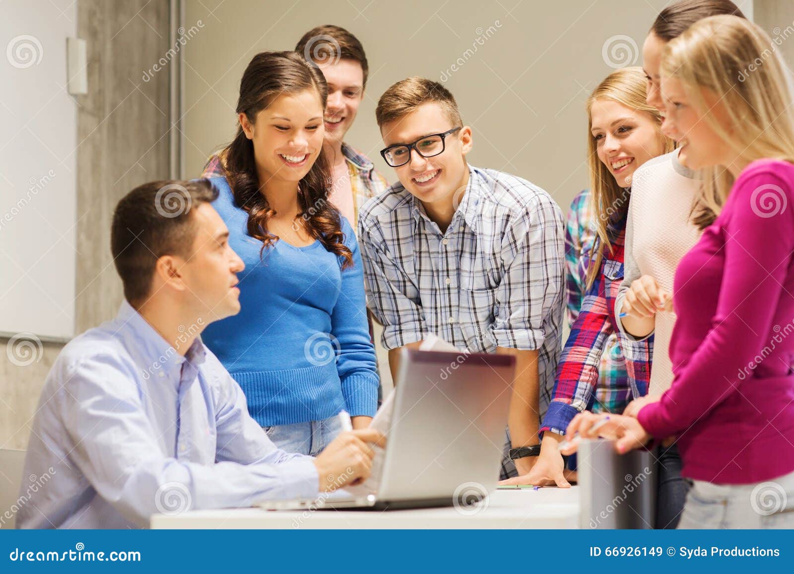 Group of Students and Teacher with Laptop Stock Image - Image of high ...