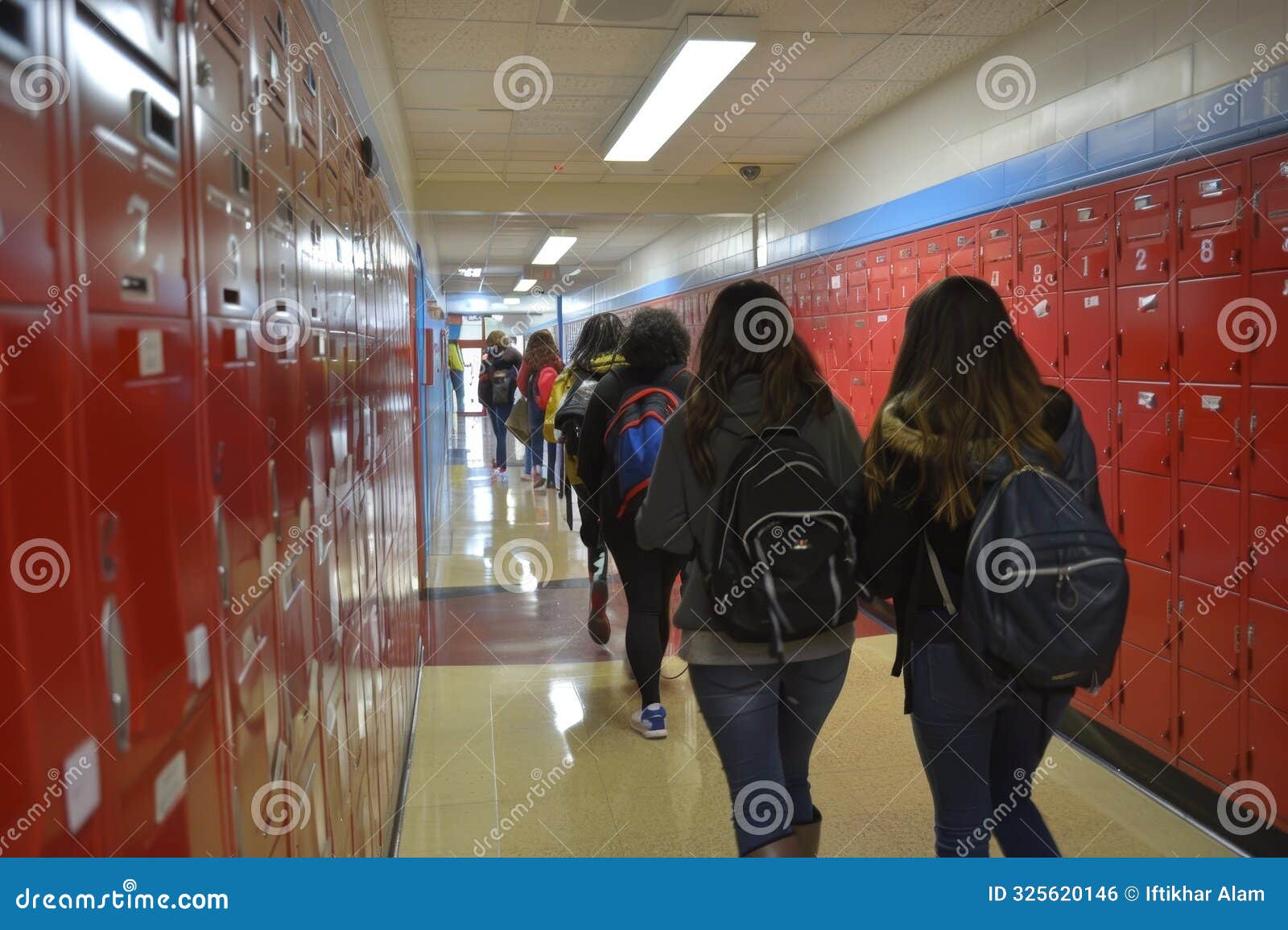 A Group of Students Walk Down a School Hallway with Rows of Red Lockers ...