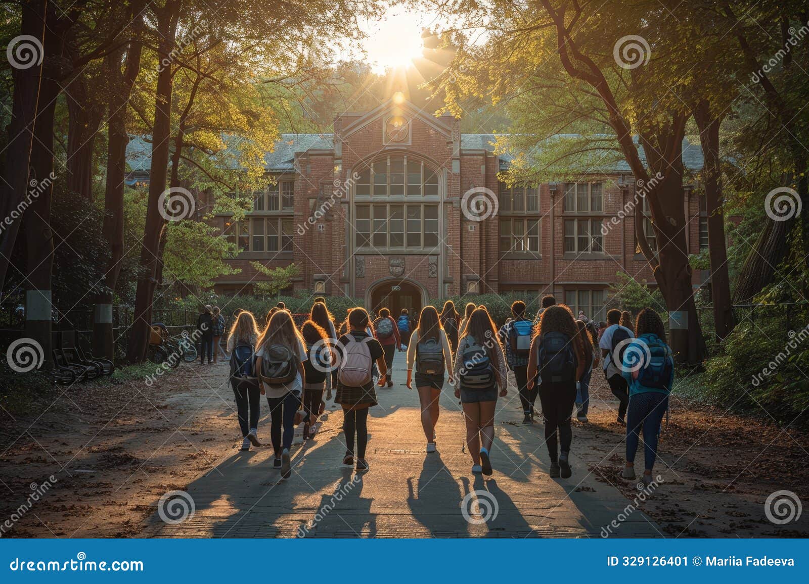 Group of Students Walking Towards a School Building at Sunset. Stock ...