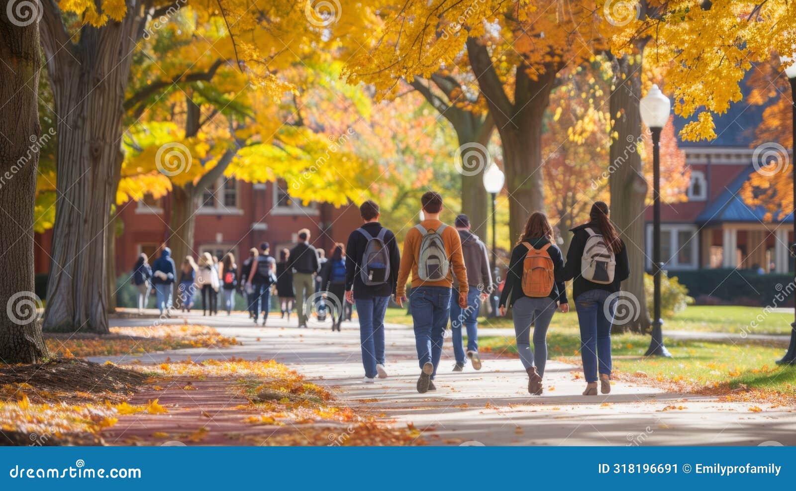 Group of Students Walking Down Sidewalk in Fall Stock Image - Image of ...