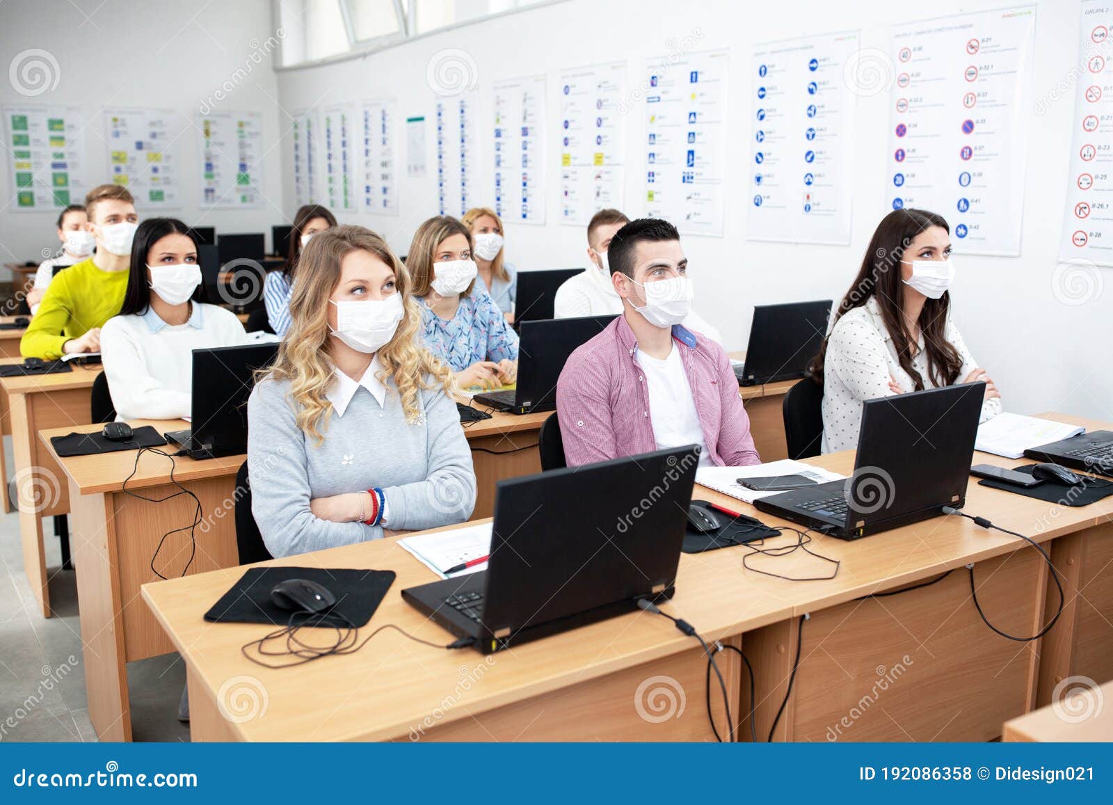Group of Students Wearing Protection Masks in Class Stock Photo - Image ...