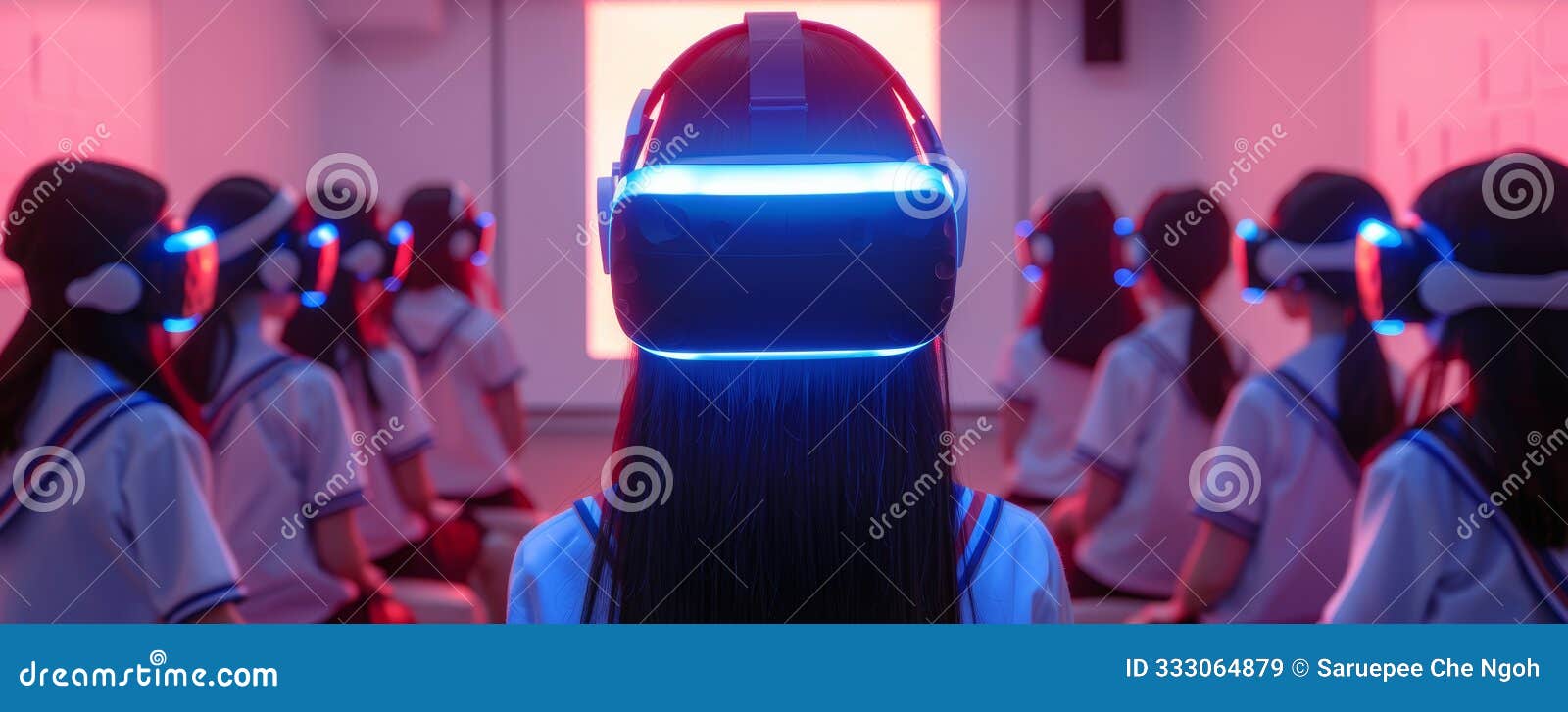 Group of Students Wearing Virtual Reality Headsets in a Classroom with ...