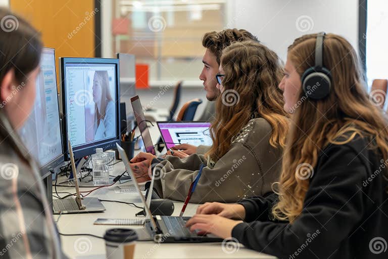 A Group of Students Work Together in a Modern Study Space, Using ...