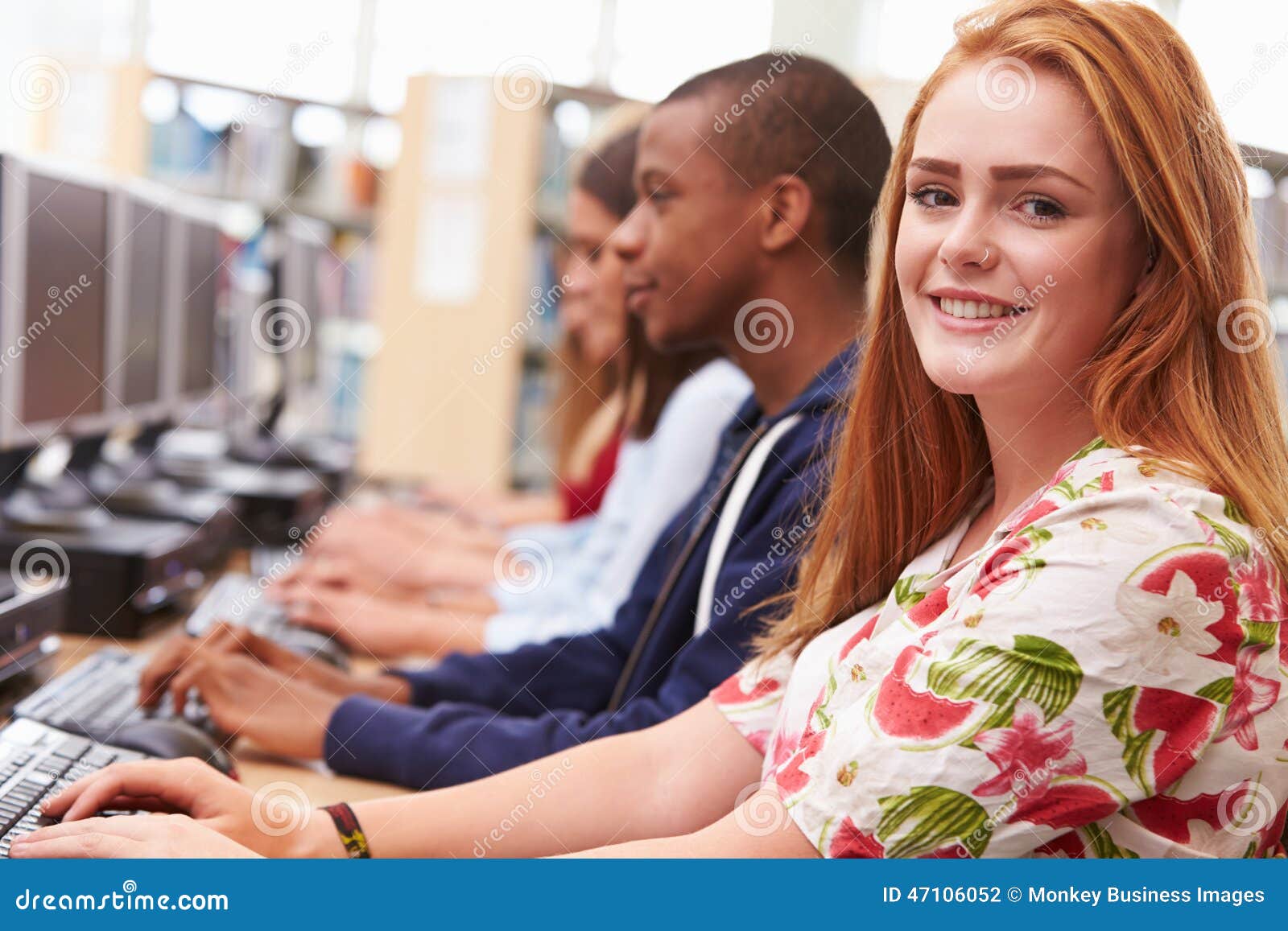 Group of Students Working at Computers in Library Stock Photo - Image ...