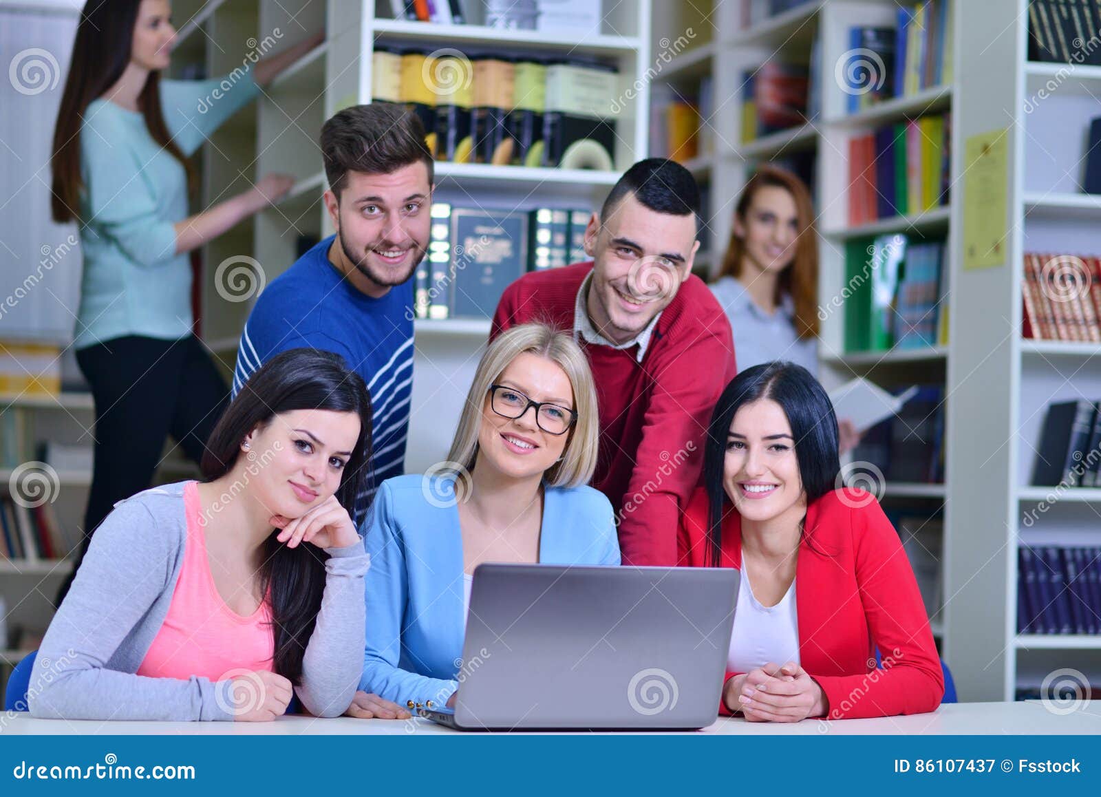 Group of Students Working Together in Library with Teacher Stock Image ...