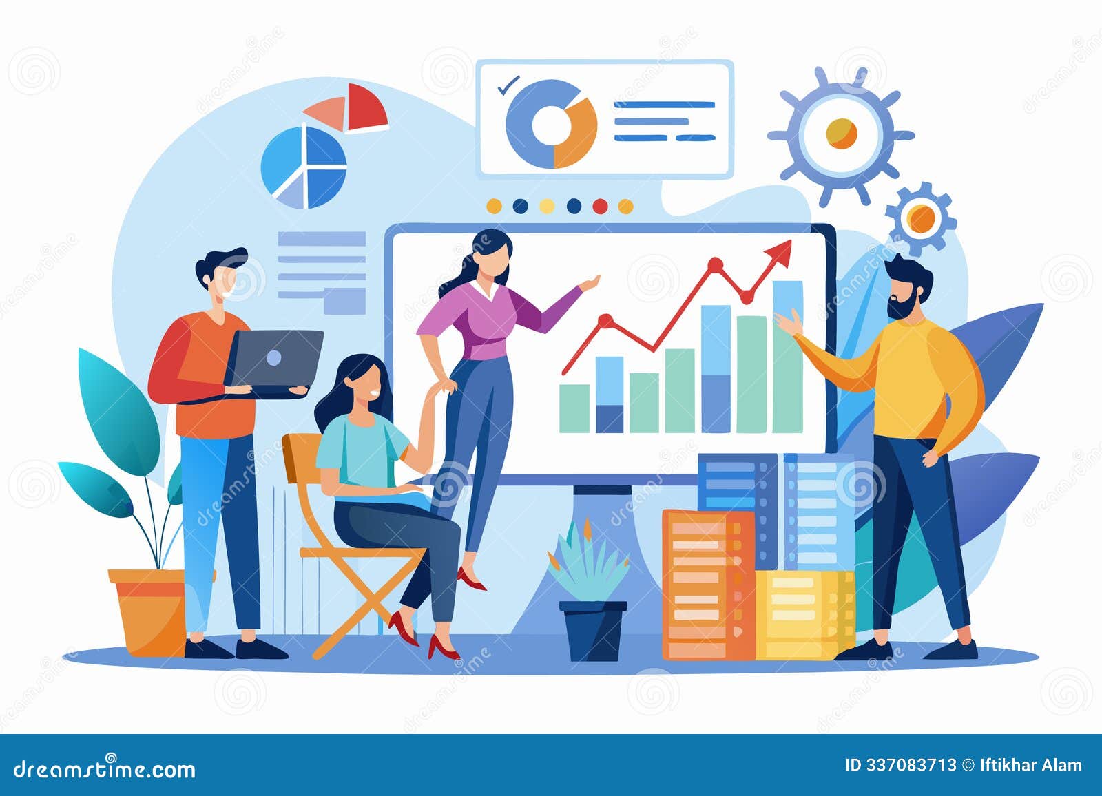 A Group Studies Business Charts and Graphs while Discussing Strategies ...