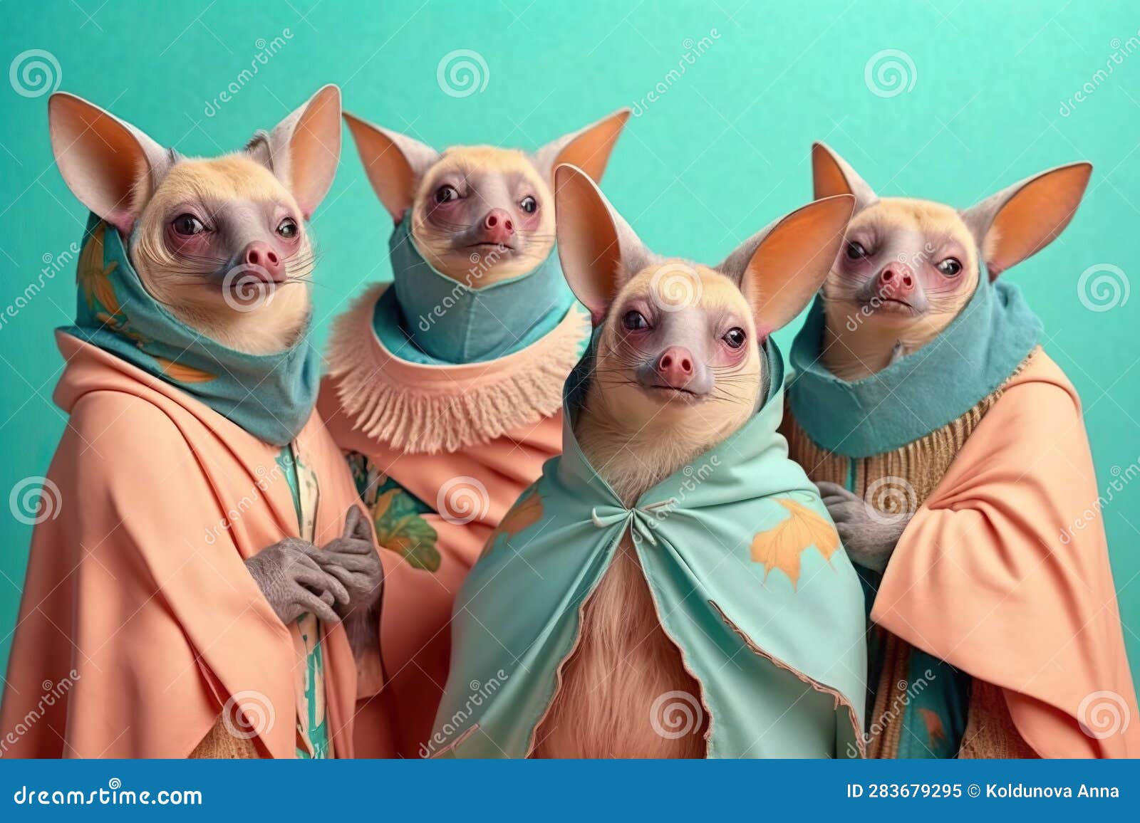 Group Studio Portrait of Fat Flying Foxes in Clothes, Concept of ...