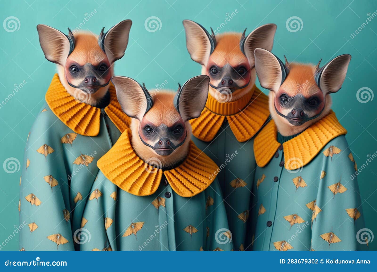 Group Studio Portrait of Fat Flying Foxes in Clothes, Concept of ...