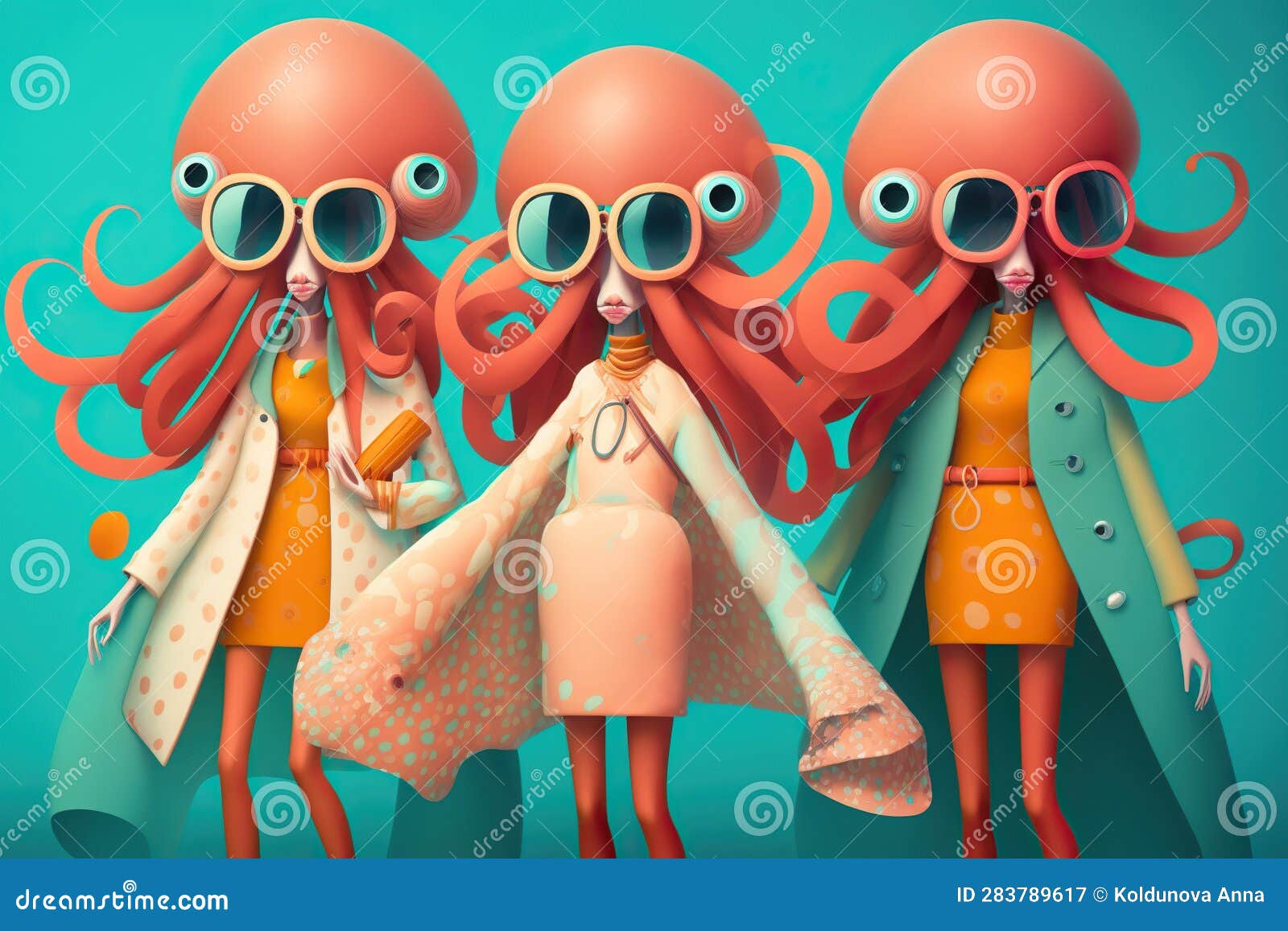 Group Studio Portrait of Fat Squids in Clothes, Concept of ...