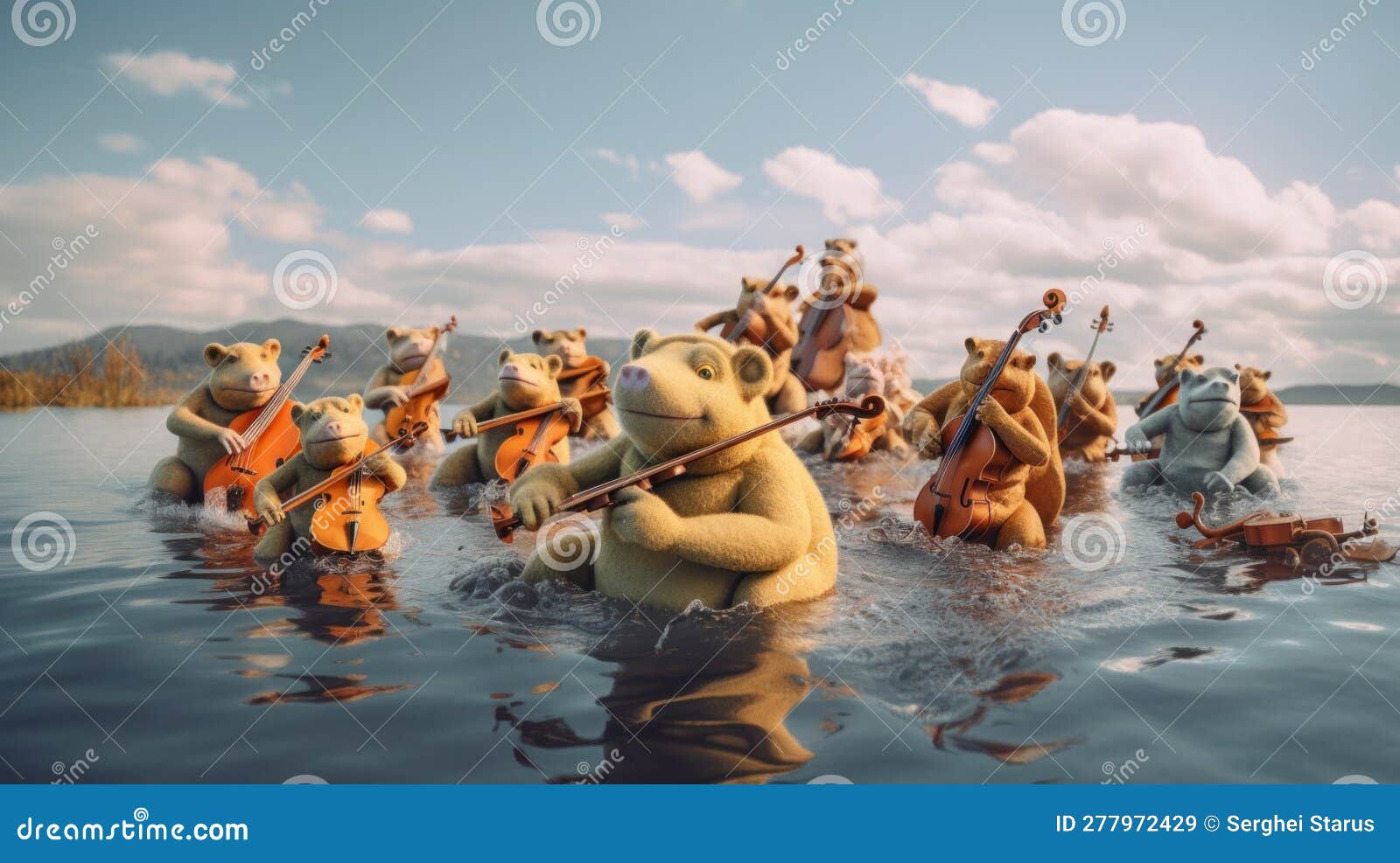 A Group of Stuffed Animals Playing Music in the Water. Generative AI ...