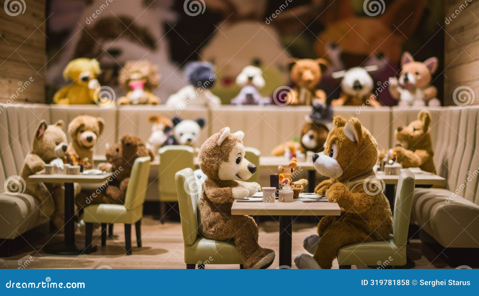 A Group of Stuffed Animals Sitting at Tables in a Restaurant, AI Stock ...