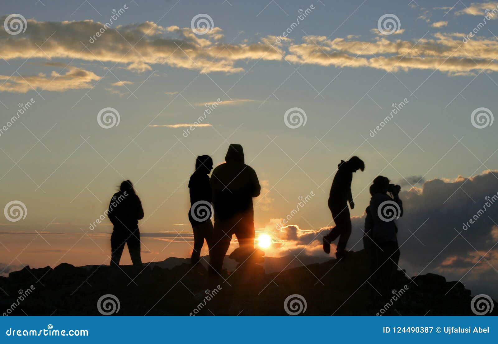 Group on the summit stock image. Image of active, sunset - 124490387