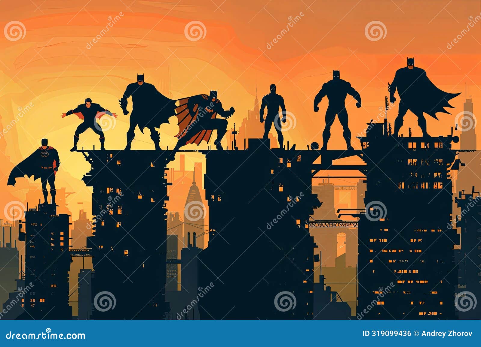 A Group of Superheroes in Various Dynamic Poses, Silhouetted Against ...