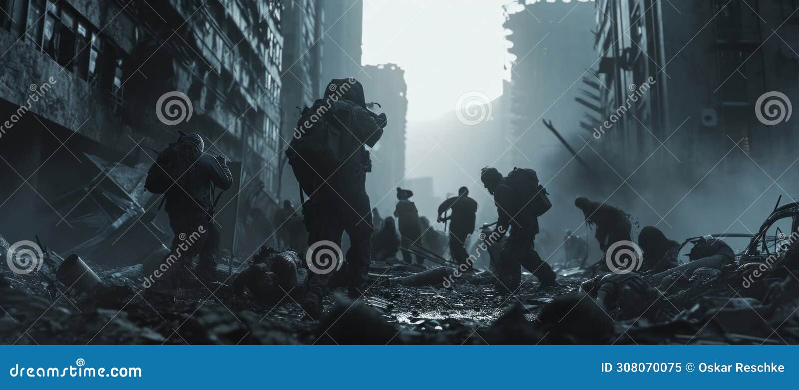 Group of Survivors in a Post-apocalyptic Cityscape, Armed with ...