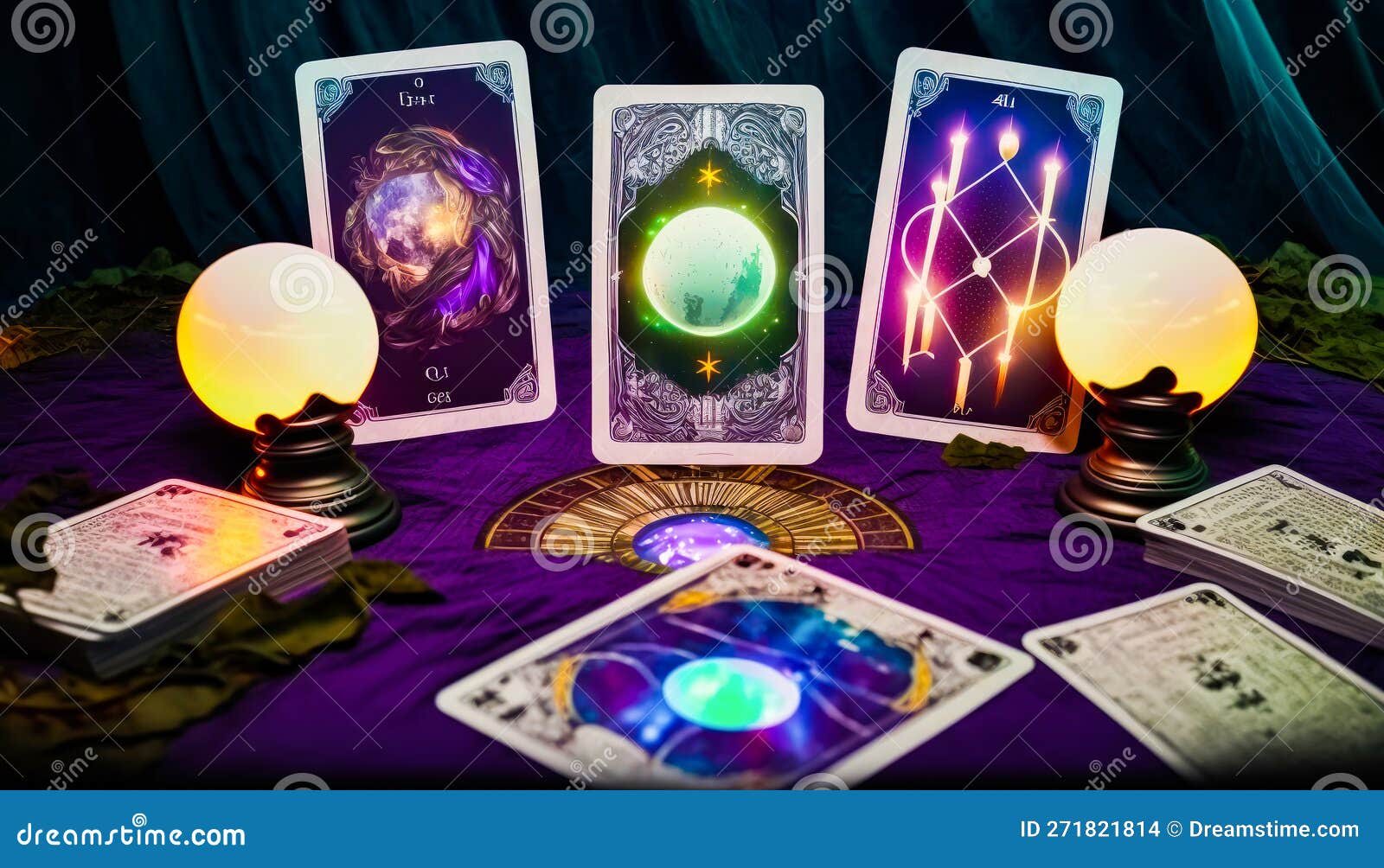 Group of Tarot Cards on Purple Cloth. Generative AI Stock Photo - Image ...