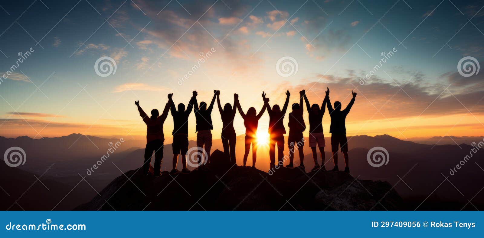 Group of Team Cheering on Top of the Mountain. Team Work Concept Stock ...