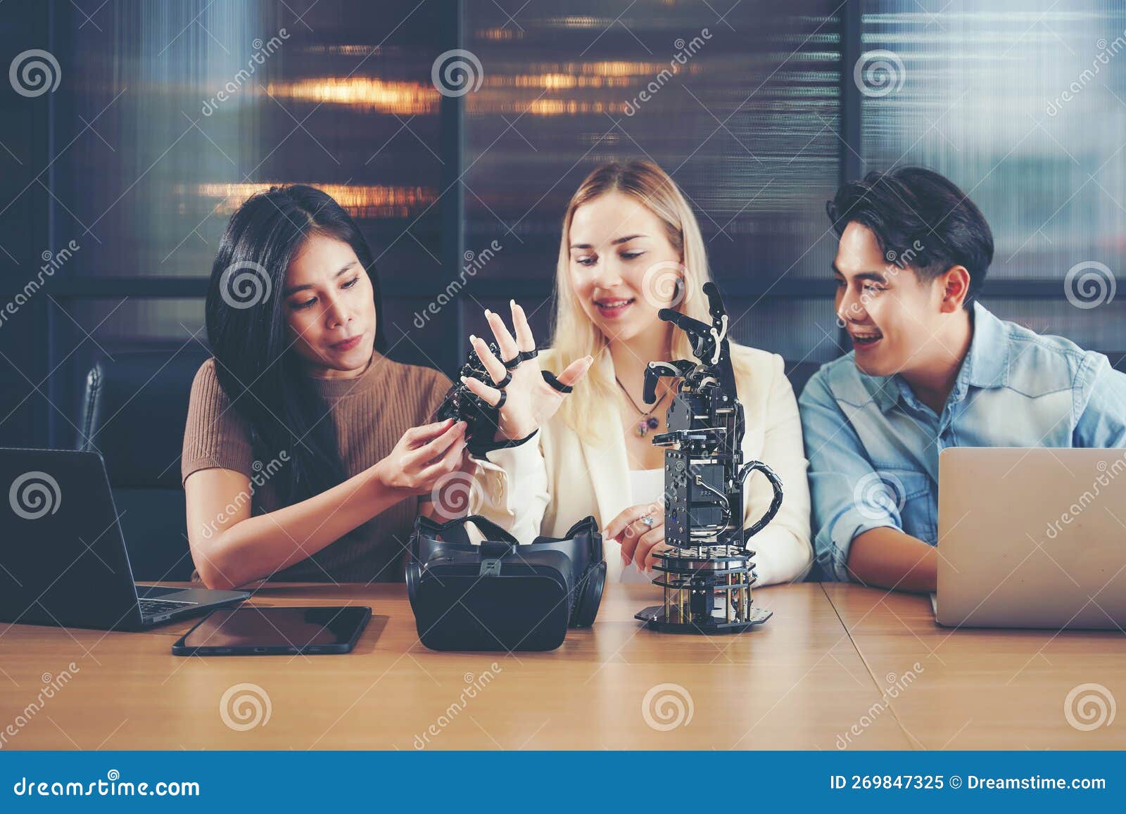 Group Team Work Programer and Engineer Working AI Robot Arm System ...