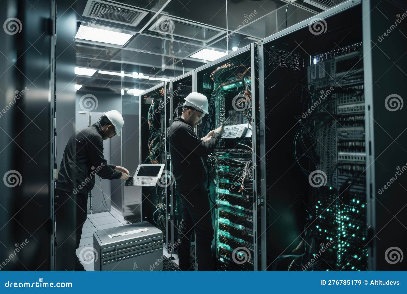 A Group Of Technicians, Installing 5g Network Equipment In A High-tech ... A Group Of Technicians, Installing 5g Network Equipment In A High-tech ...