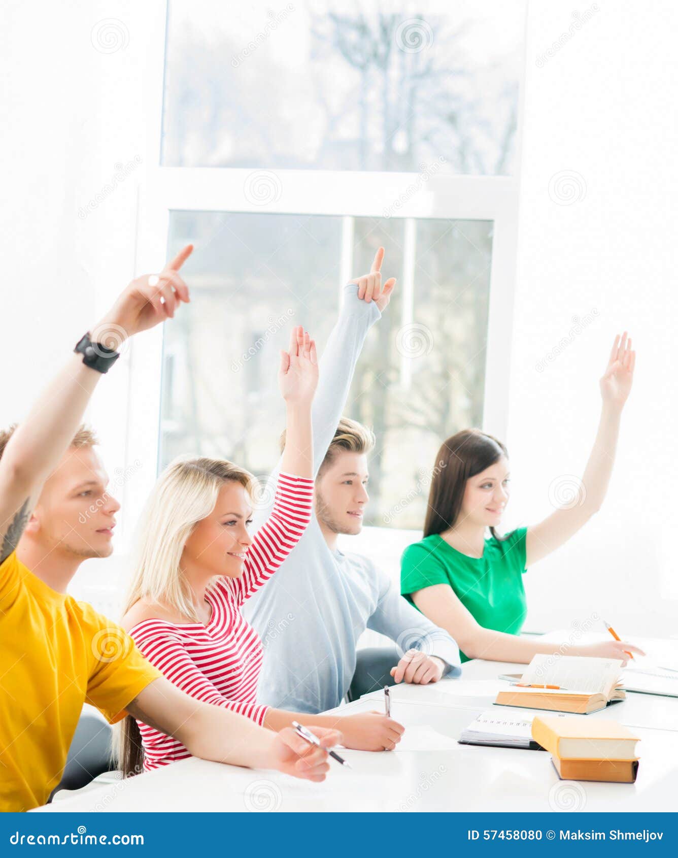 Group of Teenage Students Raising Hands Stock Photo - Image of answer ...
