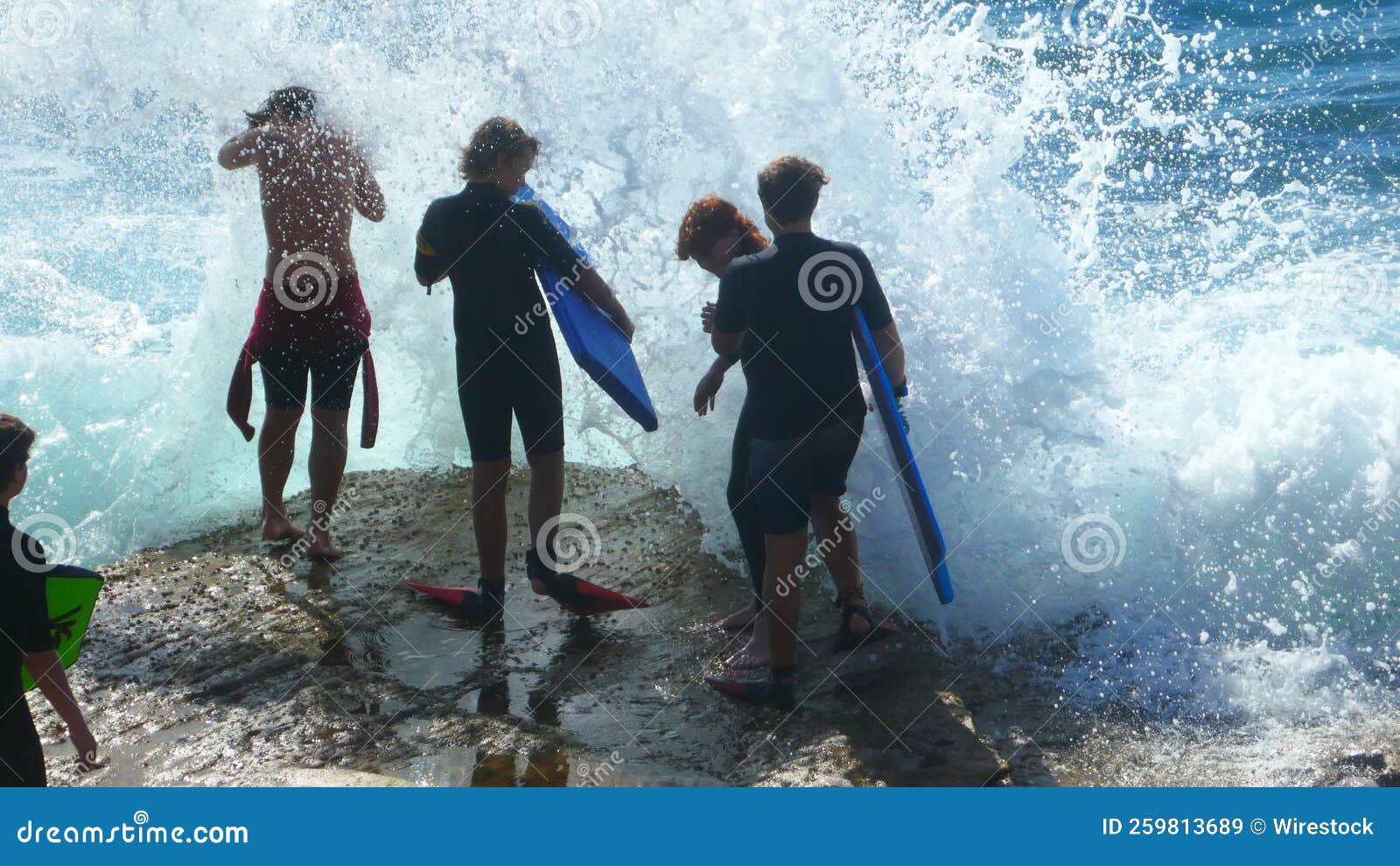 Group of Teenage Surfers on a Rock at the Beach Stock Image - Image of ...