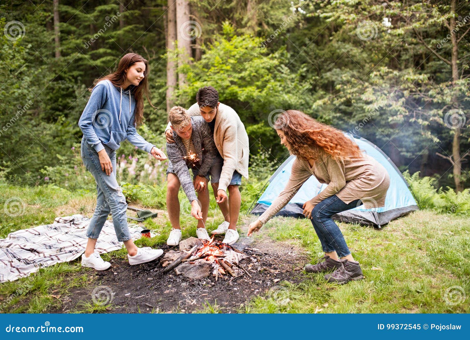 Beautiful Teenagers in Forest at Bonfire with Sparklers. Stock Image ...