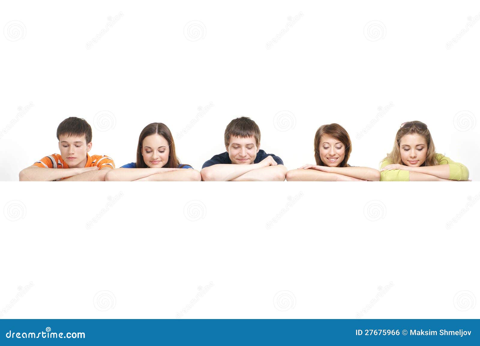A Group of Teenagers Leaning on a White Banner Stock Photo - Image of ...
