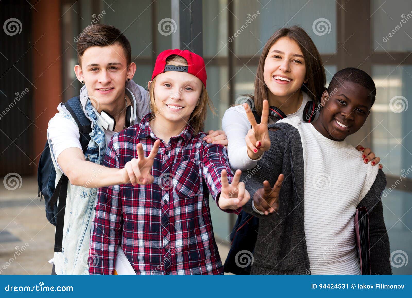 Group of Teens Posing Outside School Stock Image - Image of caucasian ...