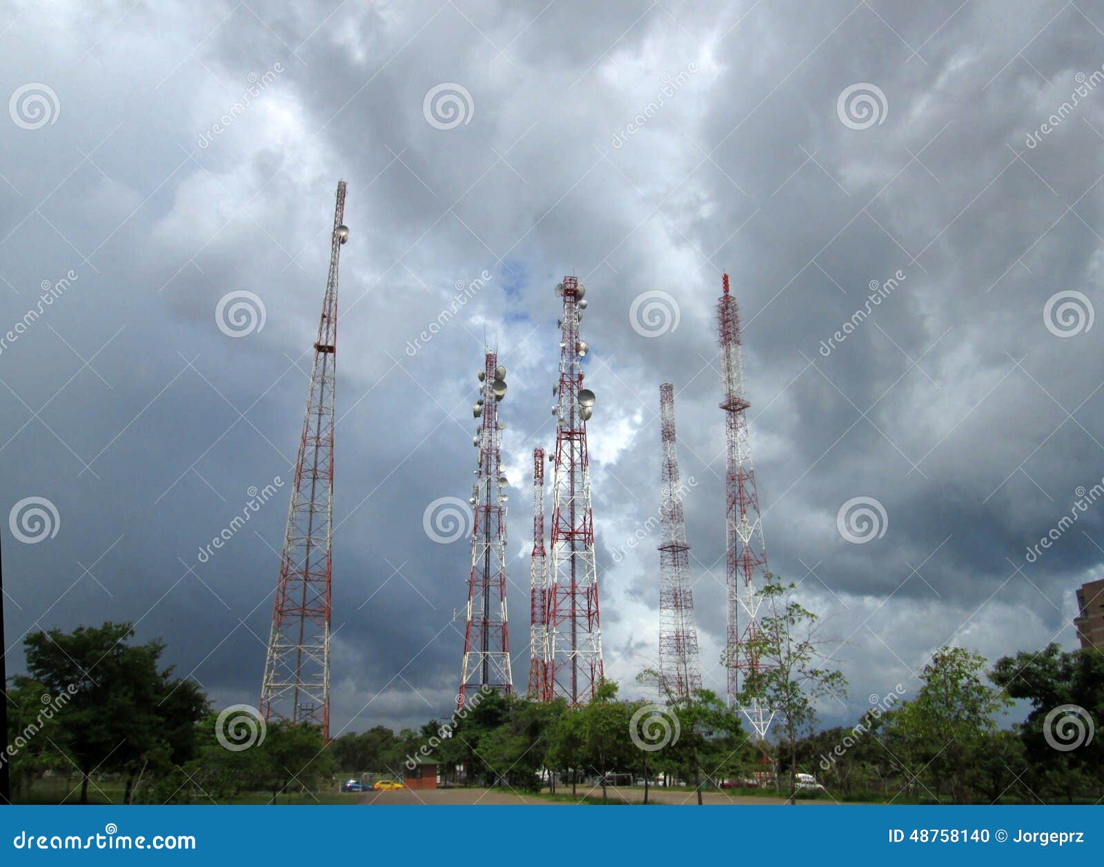 Group of Telecommunication Masts and Storm. Stock Photo - Image of ...