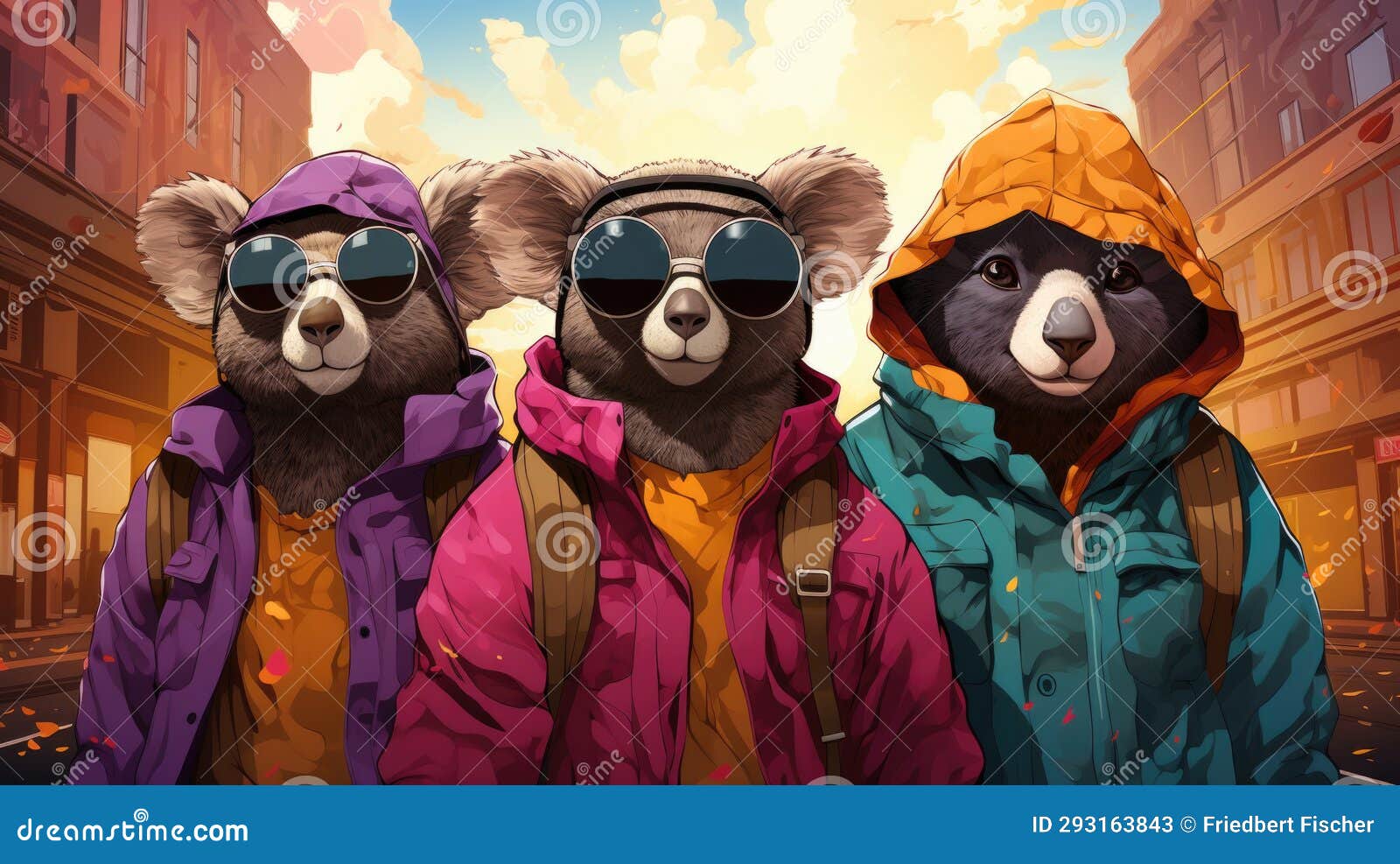 A Group of Three Bears Wearing Jackets and Sunglasses Stock ...
