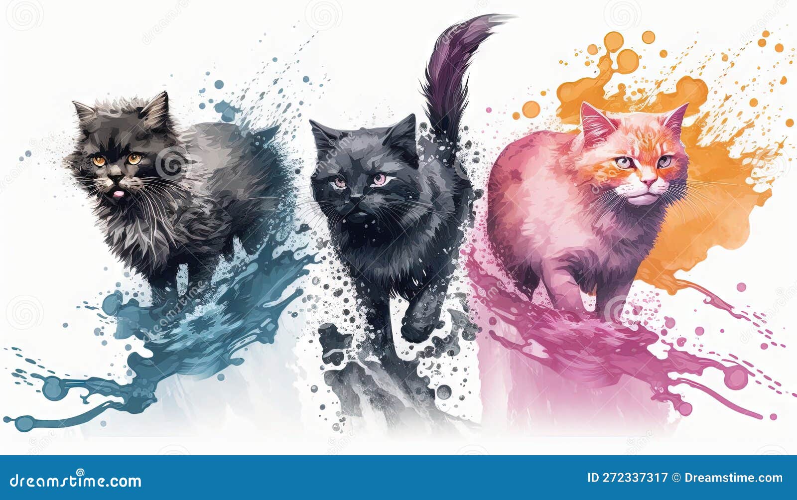 A Group of Three Cats Walking Across a White Surface with Paint ...