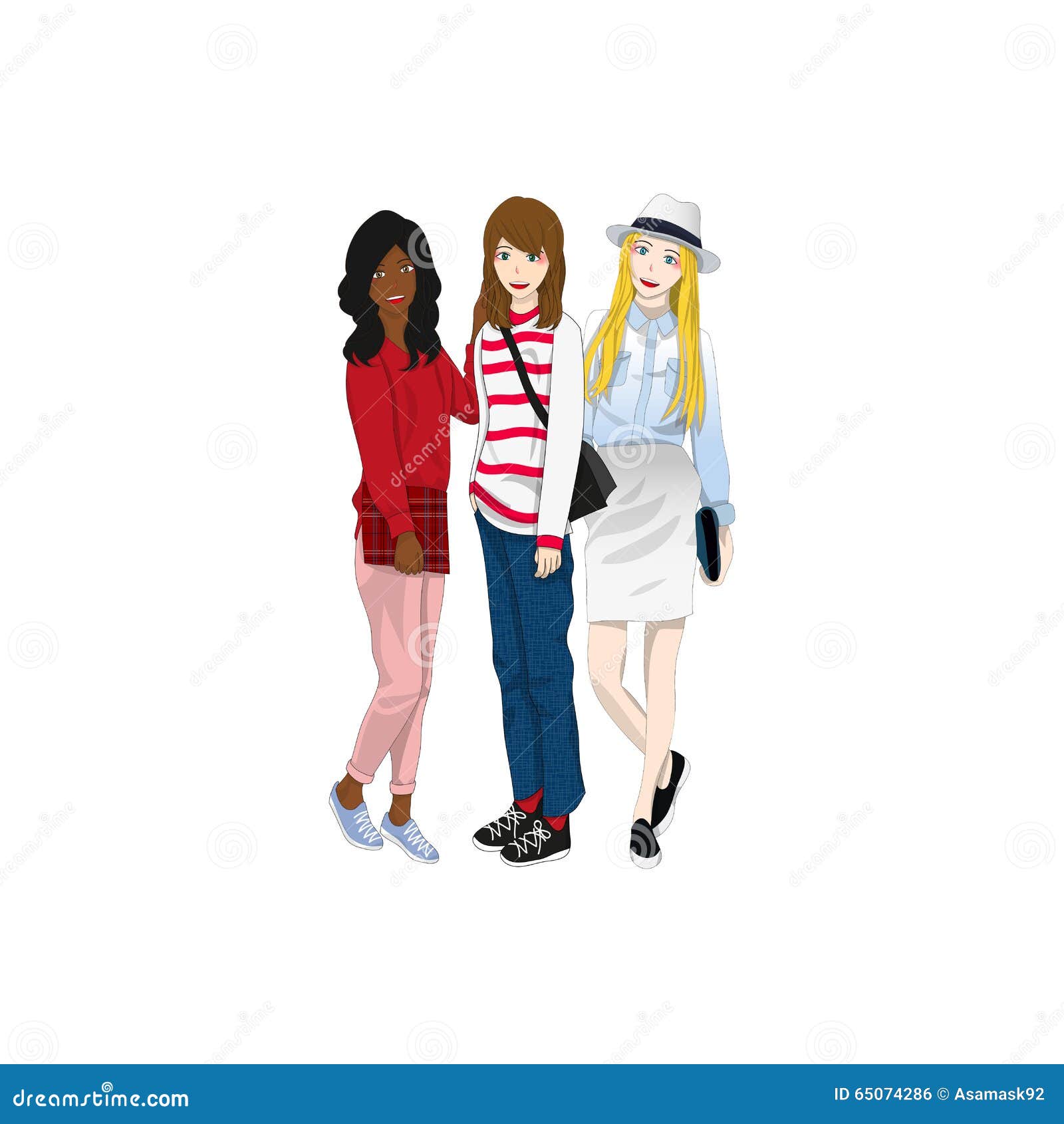 Group Three Cute Girl Friends Stock Vector - Illustration of female ...