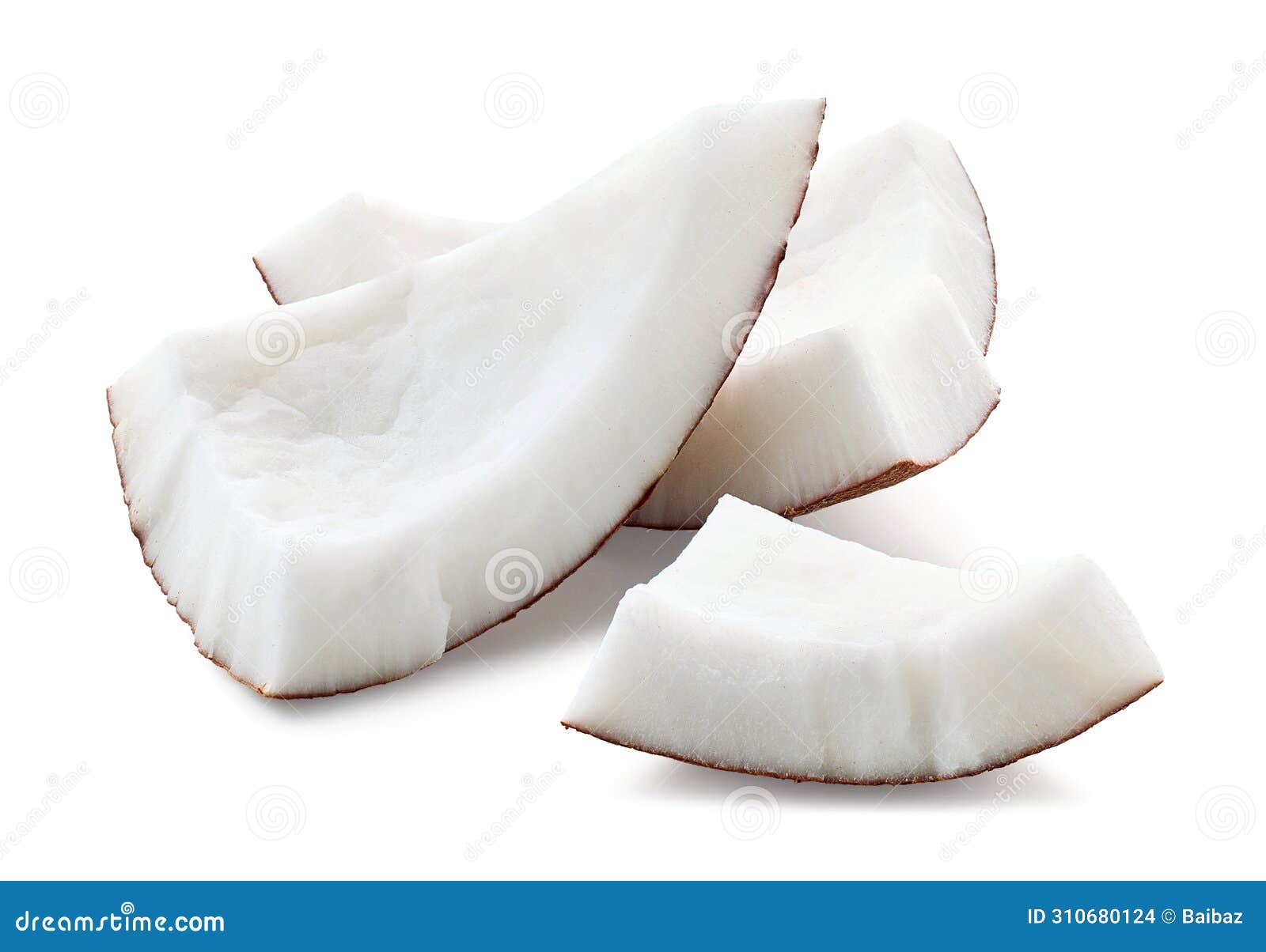Group of Three Fresh Coconut Pieces or Slices on White Background Stock ...