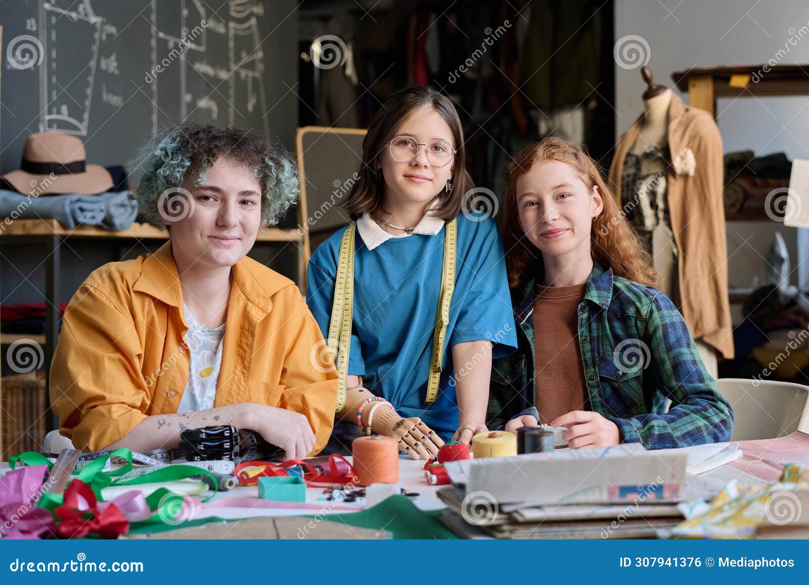 Group of Three Girls in Tailoring Class Stock Photo - Image of school ...