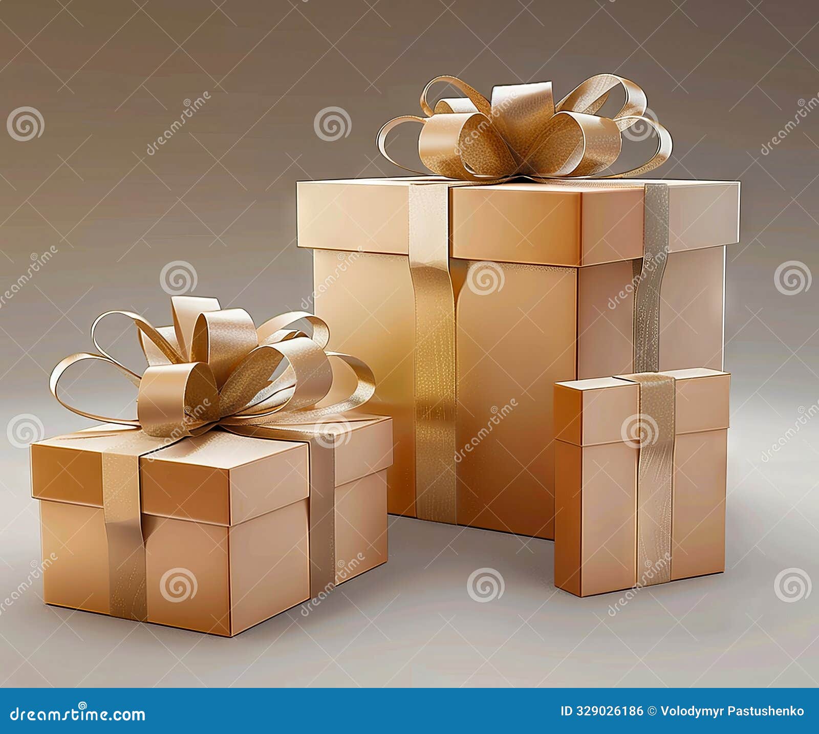 A Group of Three Gold Gift Boxes with Bows and Ribbons Stock Photo ...