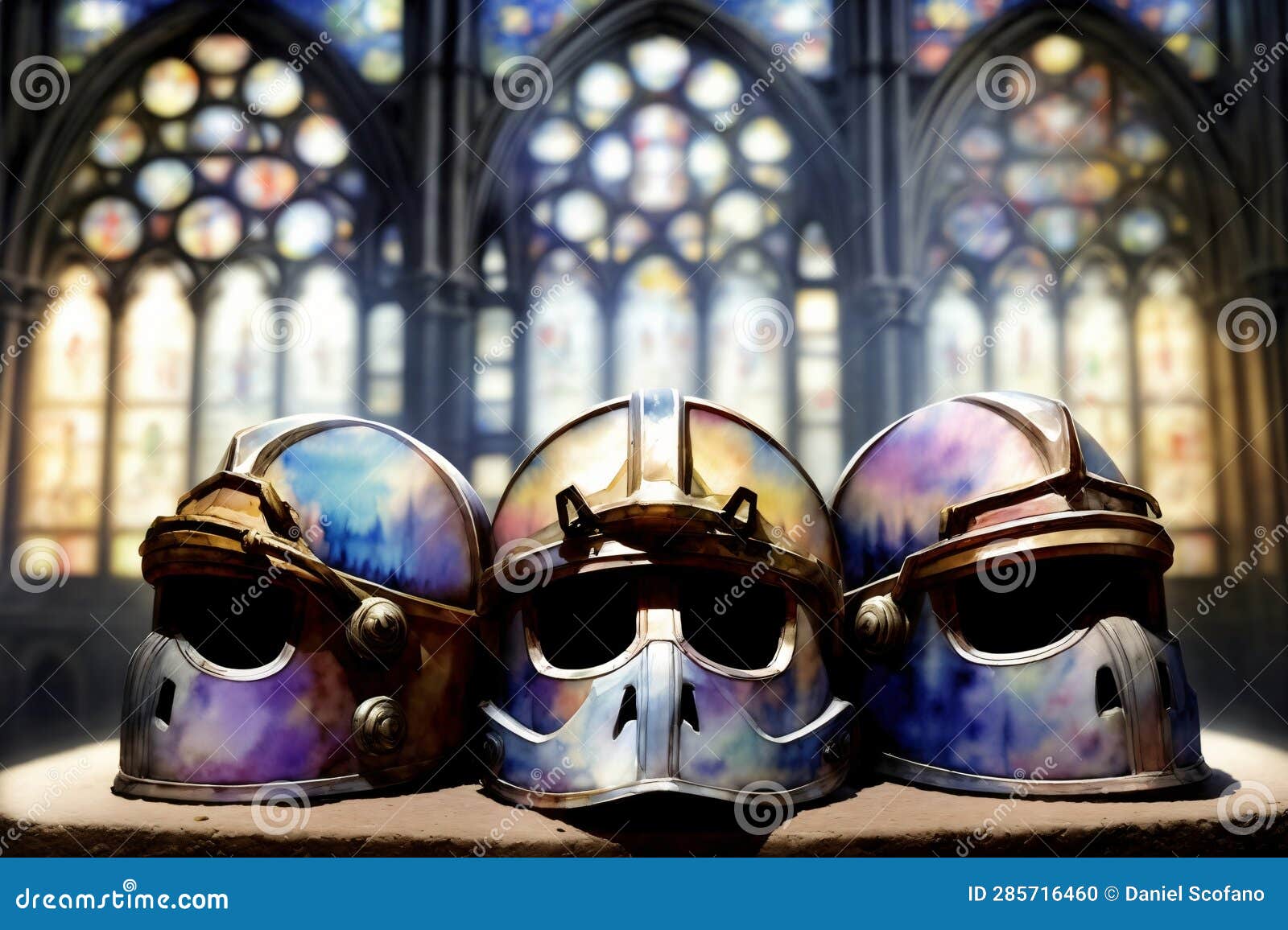A Group of Three Helmets Sitting in Front of a Stained Glass Window ...