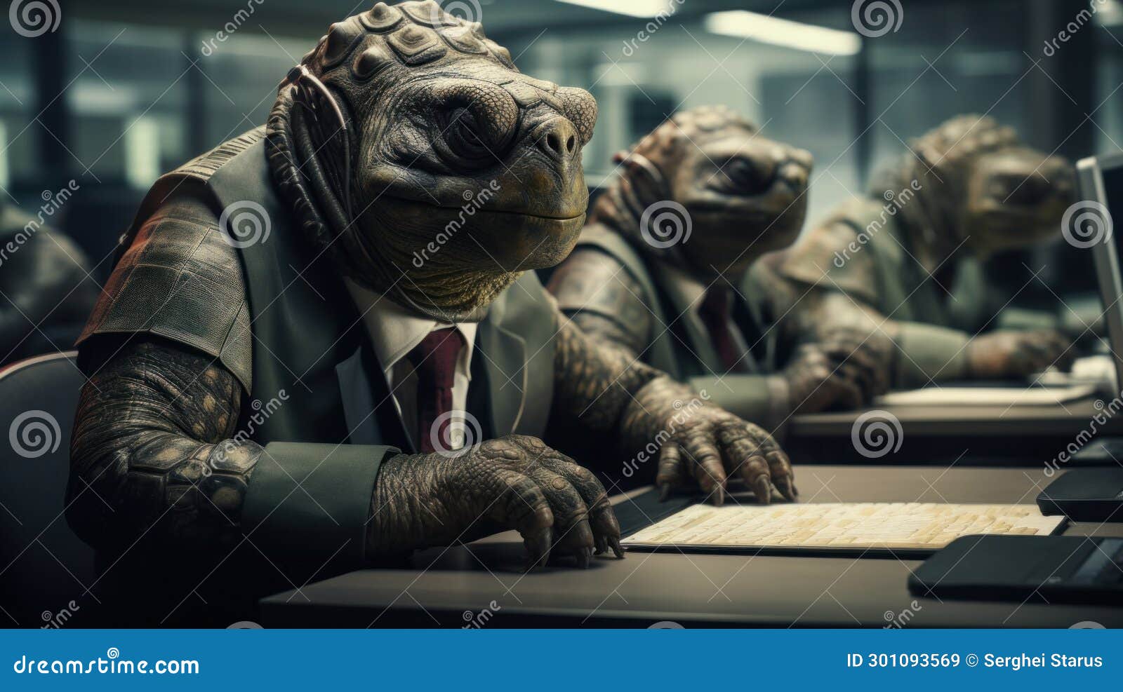 A Group of Three Lizard People Sitting at a Desk with Papers, AI Stock ...