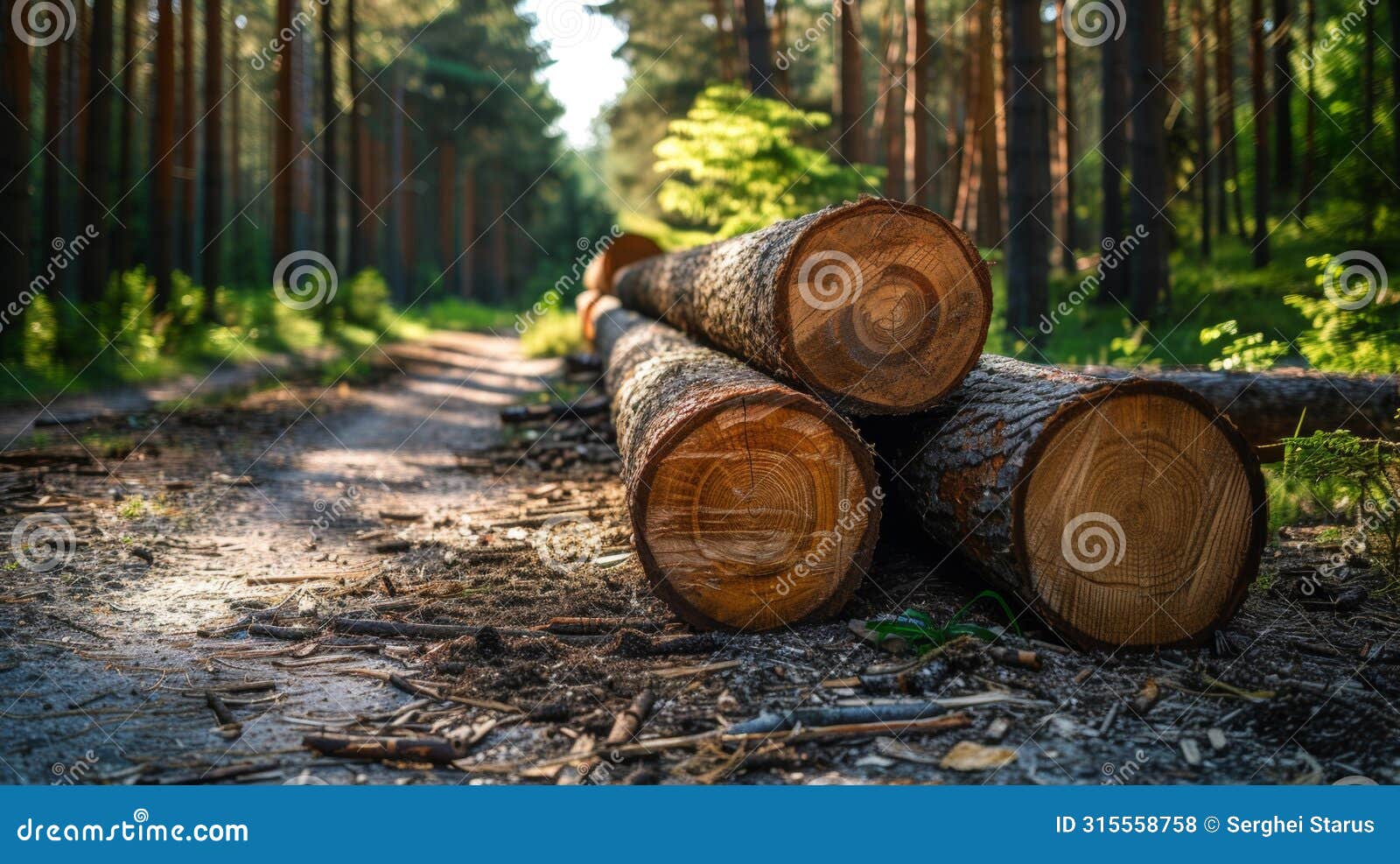A Group of Three Logs Sitting on a Dirt Road in the Woods, AI Stock ...