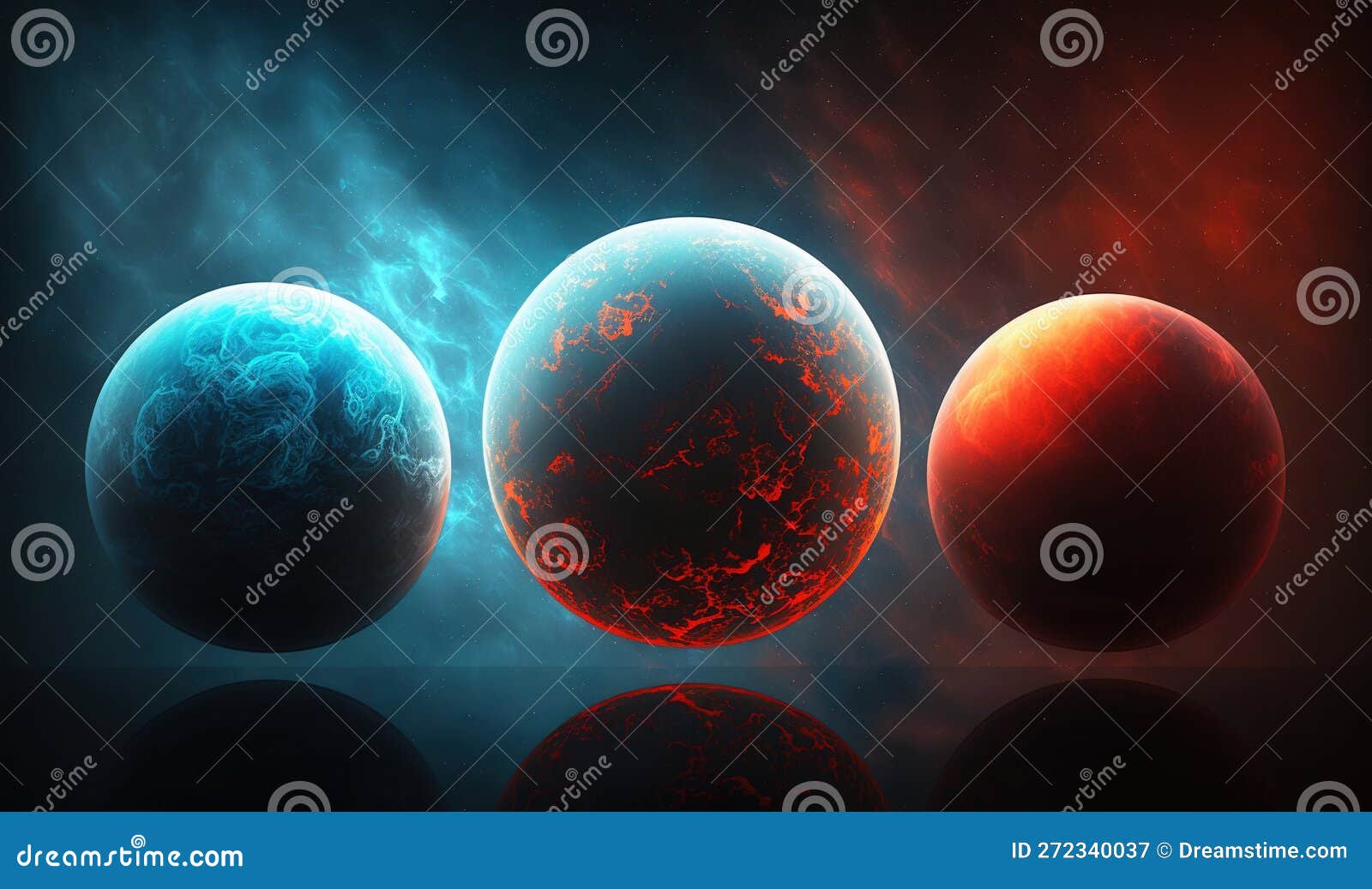 A Group of Three Planets in a Space with a Blue and Red Background ...