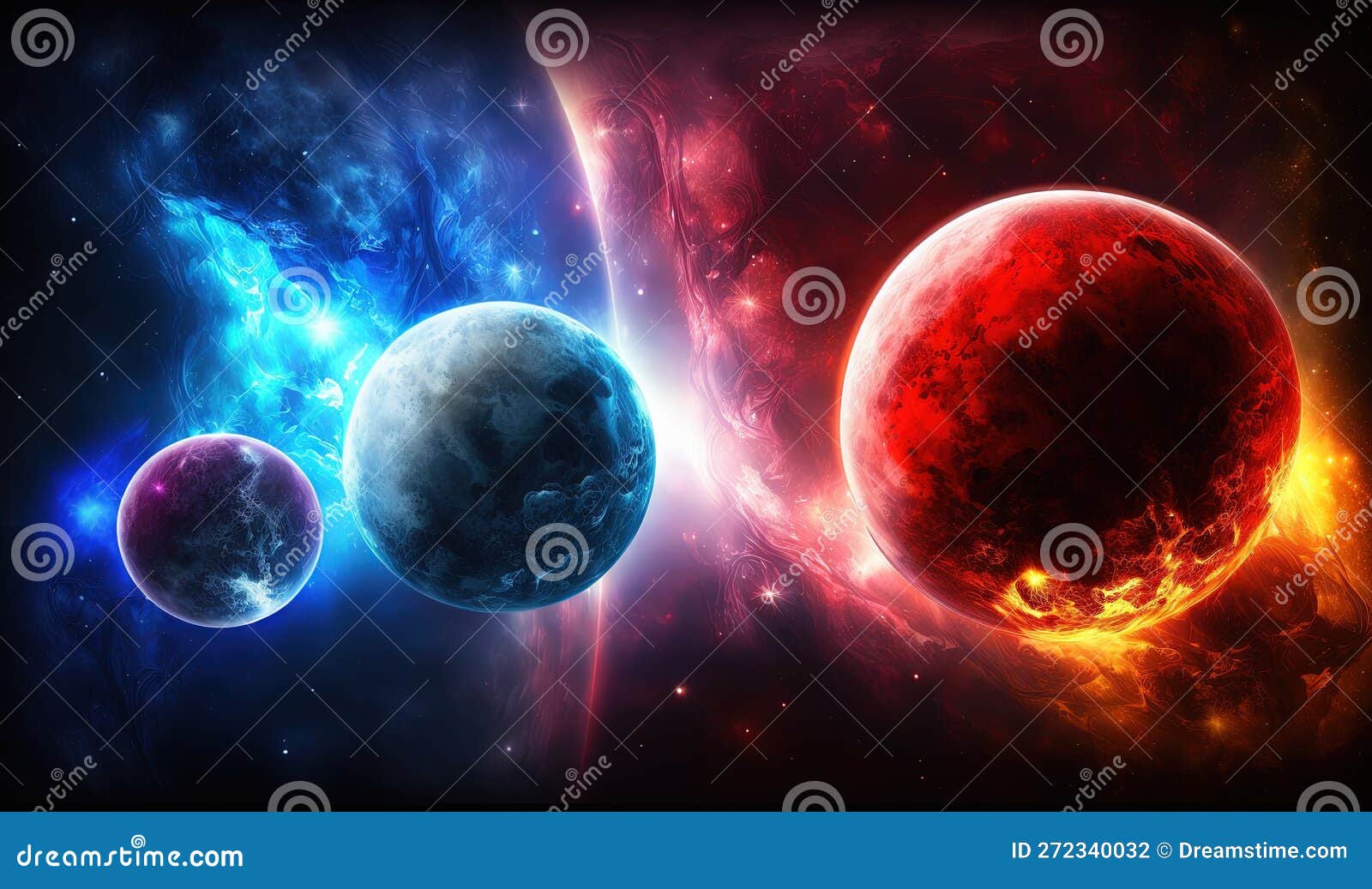 A Group of Three Planets in a Space with a Red and Blue Background ...