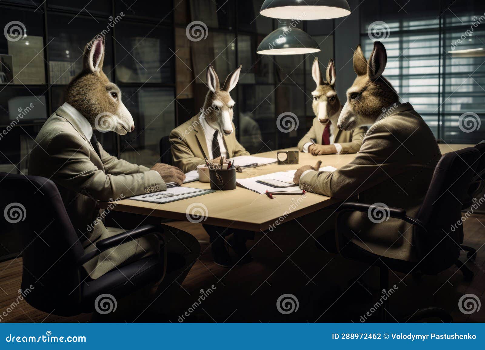 Group of Three Rabbits Sitting at Table with Man. Generative AI Stock ...