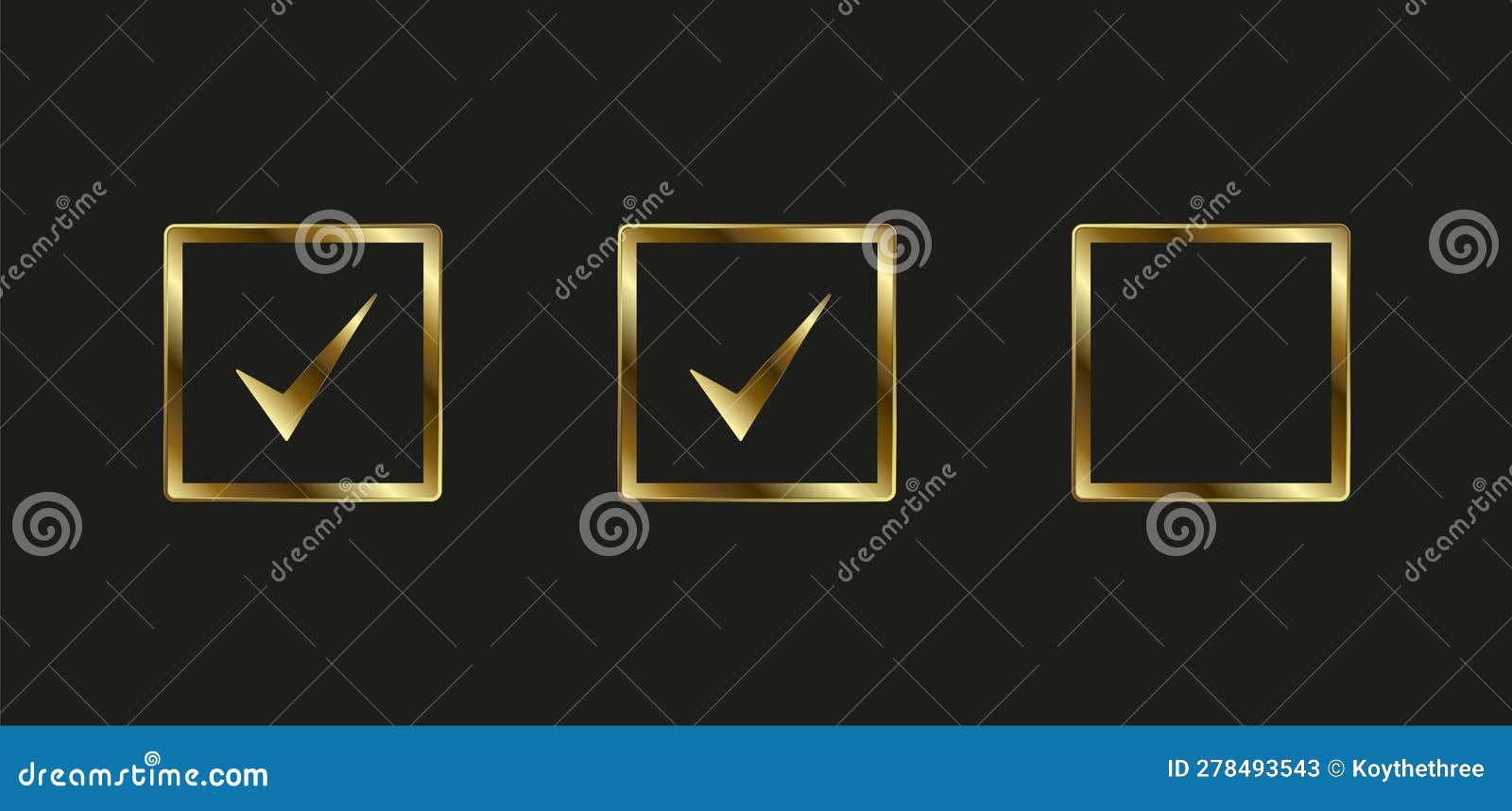 Group of Three Selection Boxes in Golden Check and Selection Symbol ...