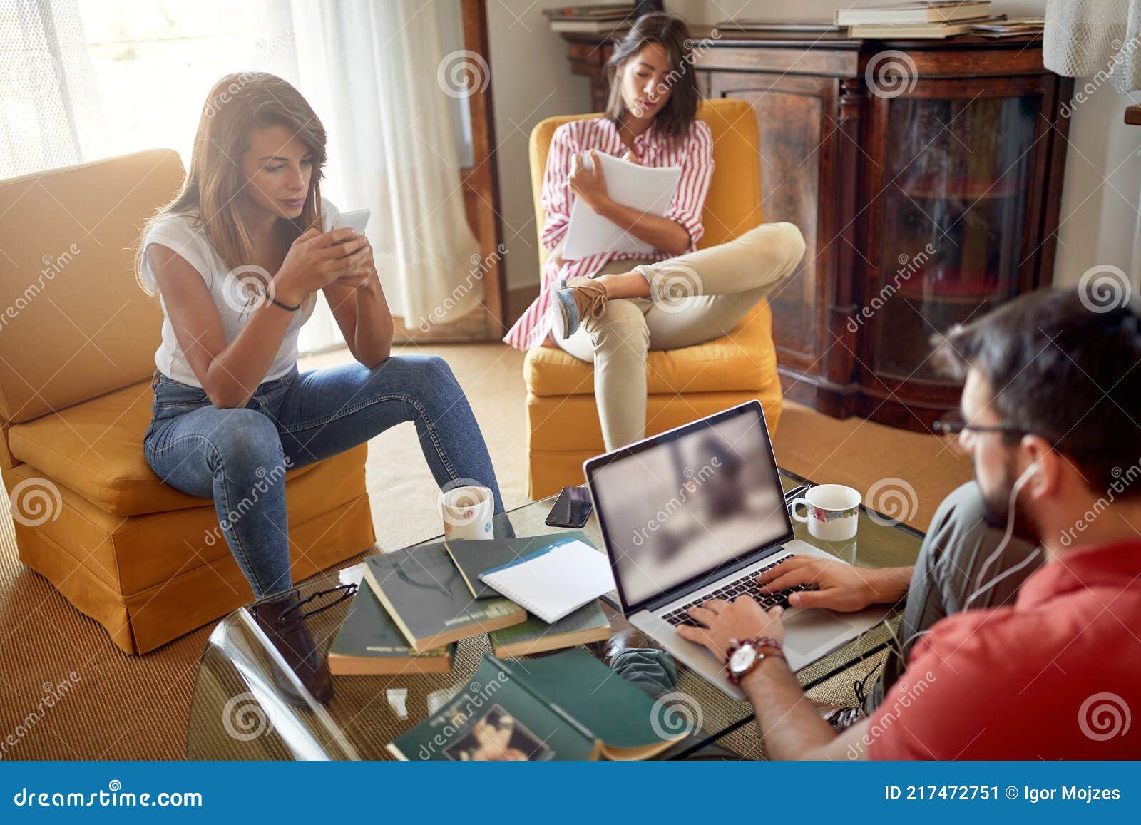 Group of Three Students Learning Together Stock Image - Image of ...