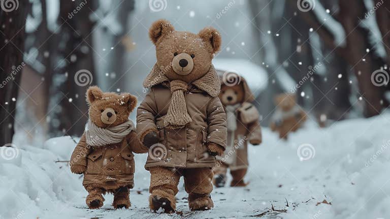 A Group of Three Teddy Bears Walking Down a Snowy Path, AI Stock Image ...