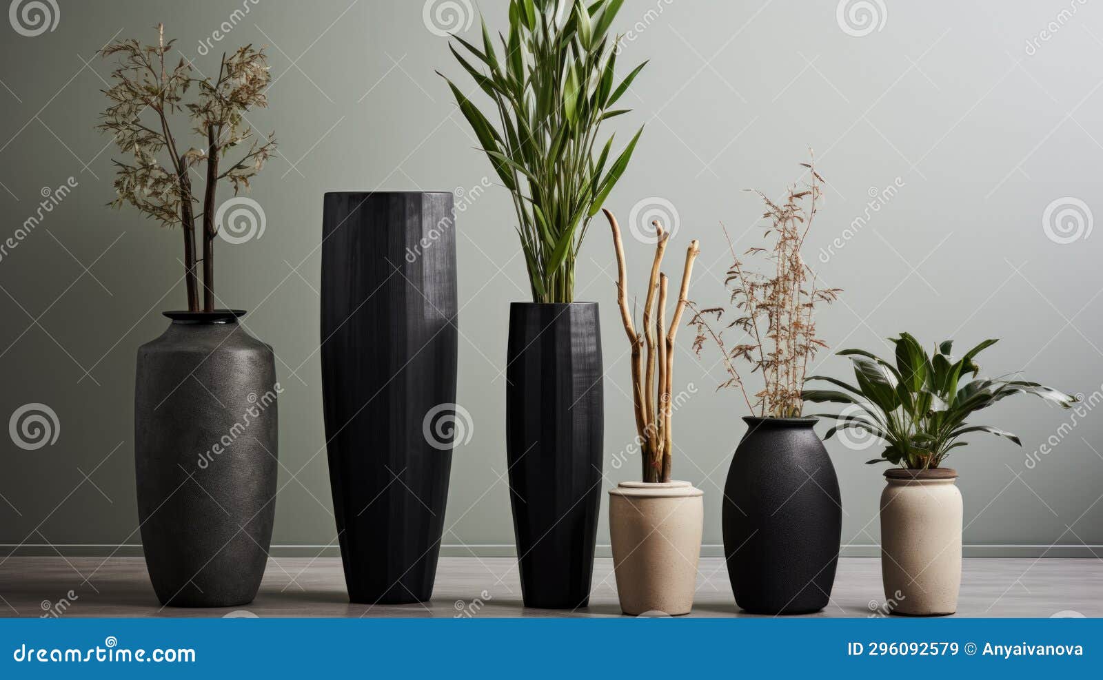 A Group of Three Vases with Plants in Them Stock Image - Image of wood ...